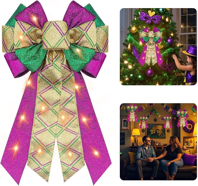 Amazon.com: Hying Large LED Mardi Gras Bows for Wreath, Fat Tuesday LED ...