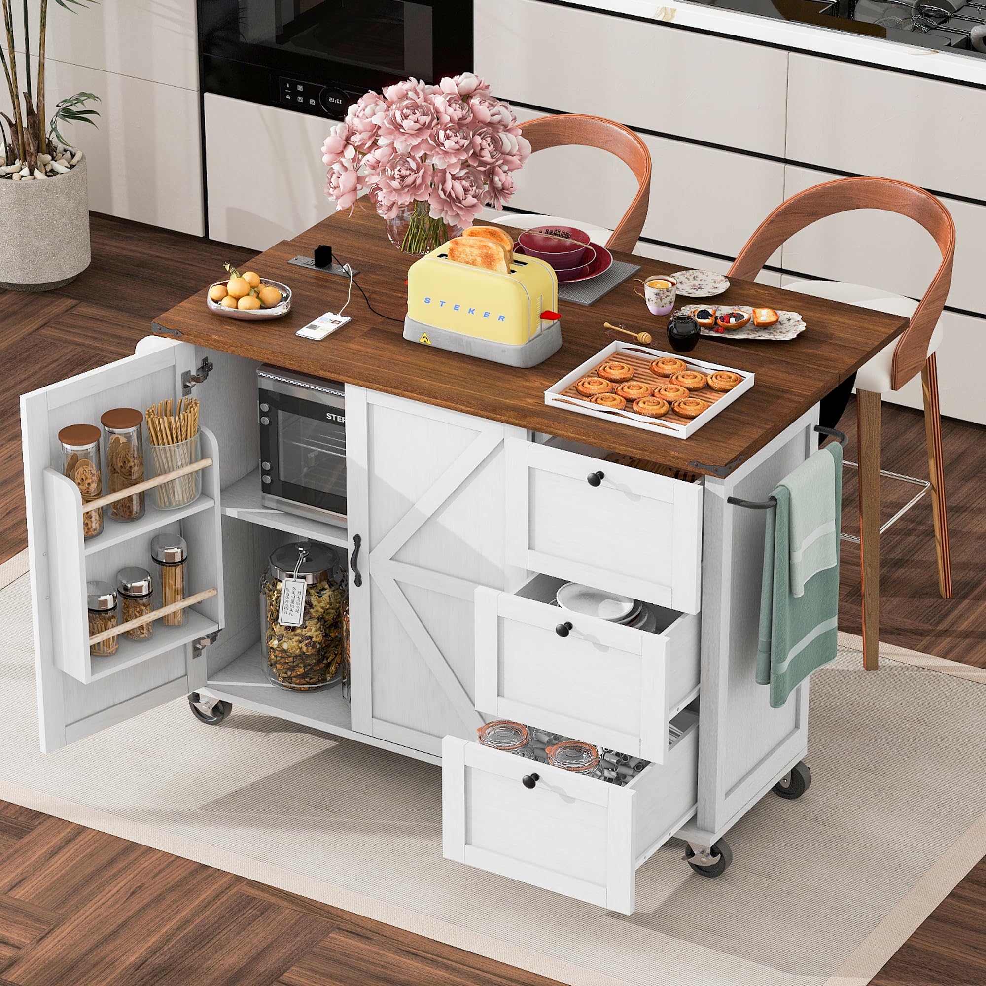 Amazon.com: Kitchen Island with Storage, Rolling Kitchen Island Cart On Wheels with Power Outlet ...