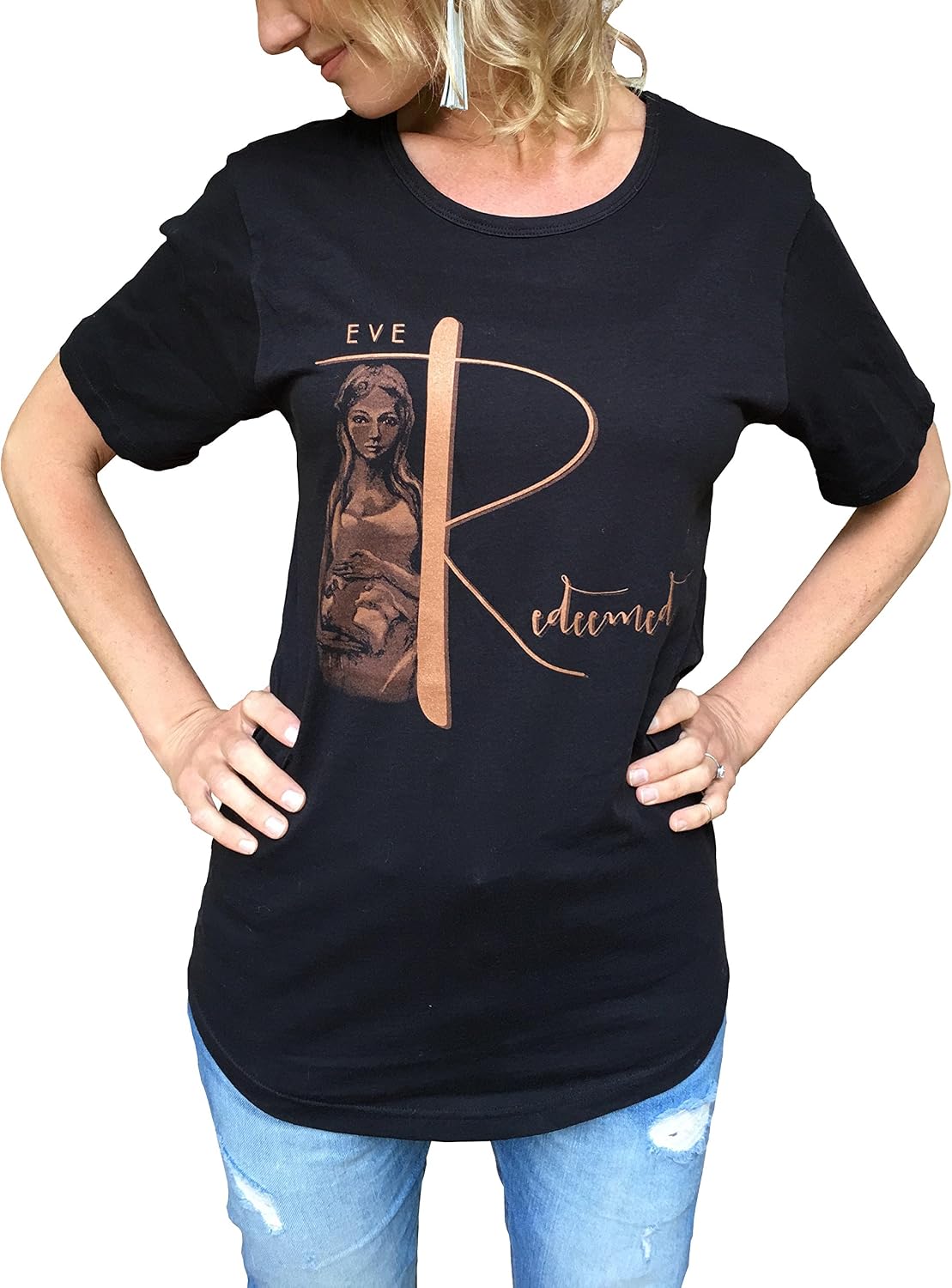 Eve Redeemed T-Shirt Long Fit (Large, Black) at Amazon Women’s Clothing ...