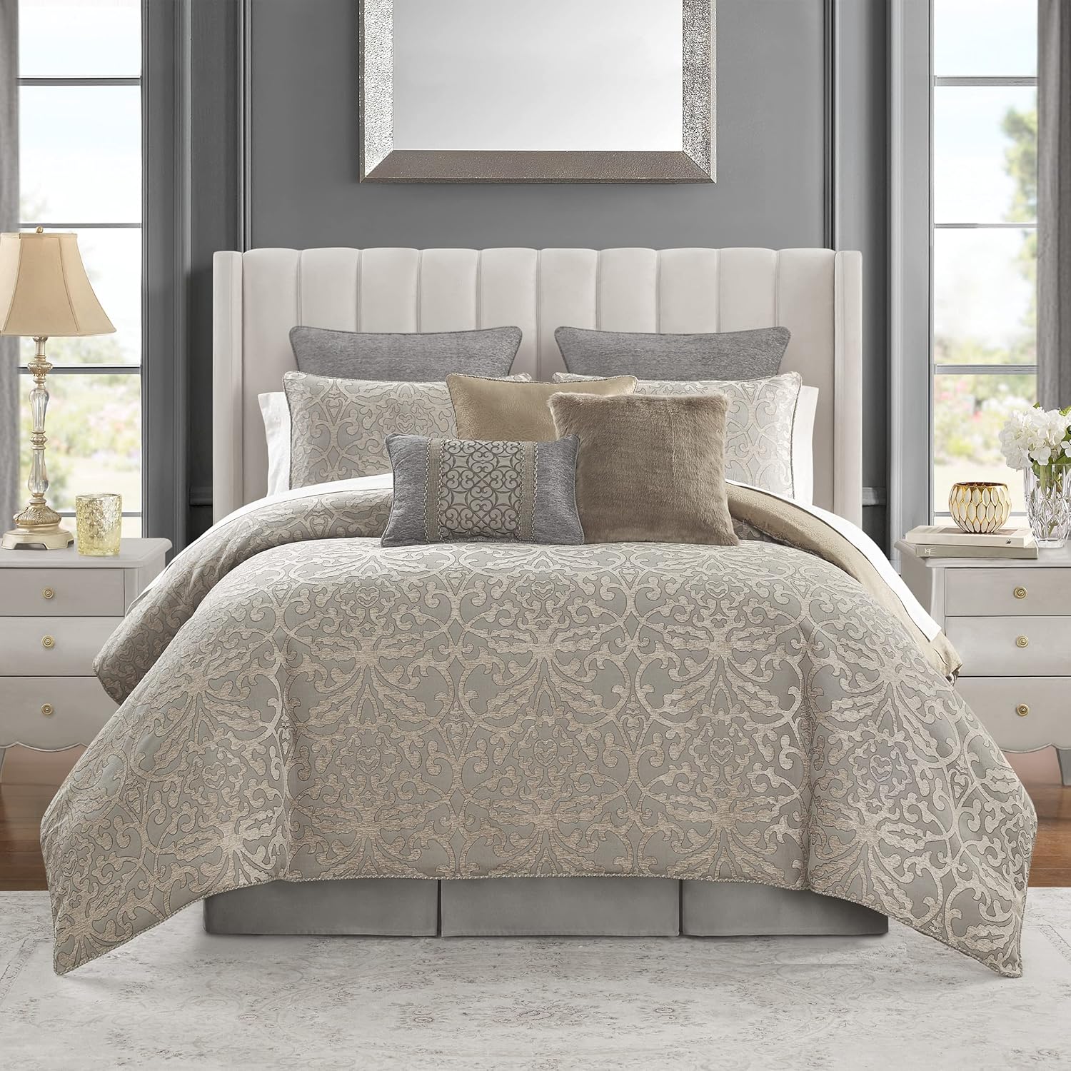 Amazon.com: Waterford Medallion Grey 6PC Queen Comforter Set, Silver ...