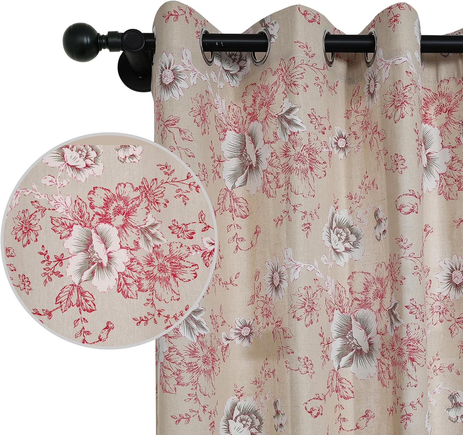 Amazon.com: Bentrilisa Floral Print Linen Curtains Red and White ...