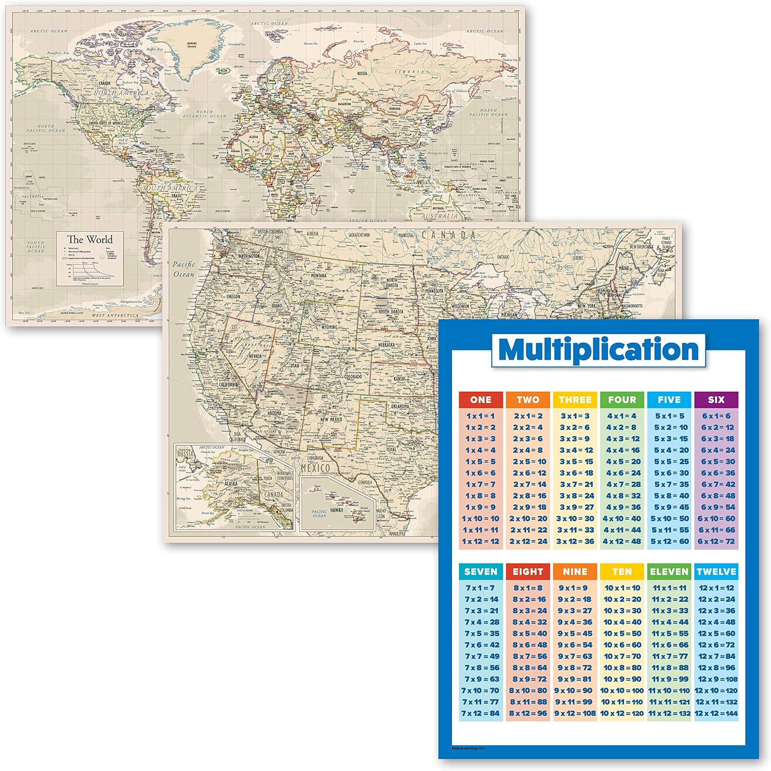 Amazon.com : 3 Pack - Antique Style World & USA Map Poster Set ...