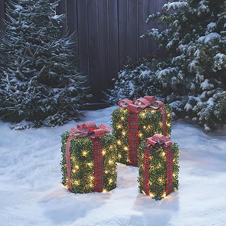 Amazon.com: NOMA Set of 3 Lighted Christmas Topiary Gift Boxes ...