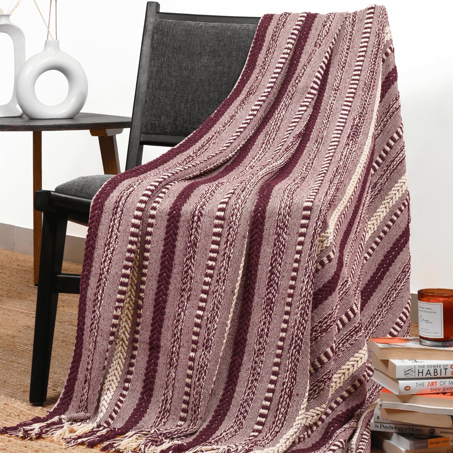 Amazon.com: RAJRANG Cotton Braided Striped Throw Blanket with Boho ...