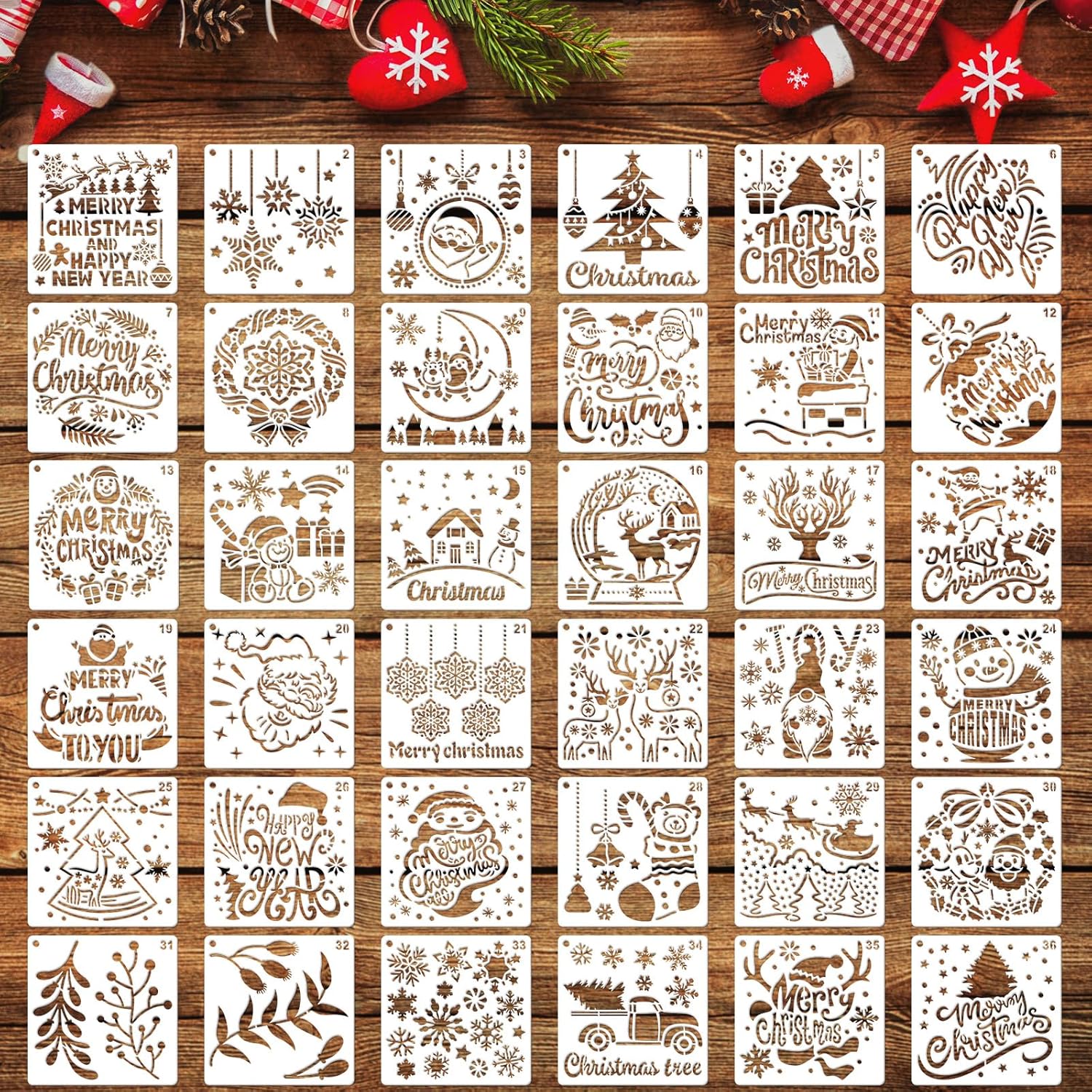 MWOOT 36 Pcs Christmas Painting Stencils for Walls,Reusable Xmas-Themed ...