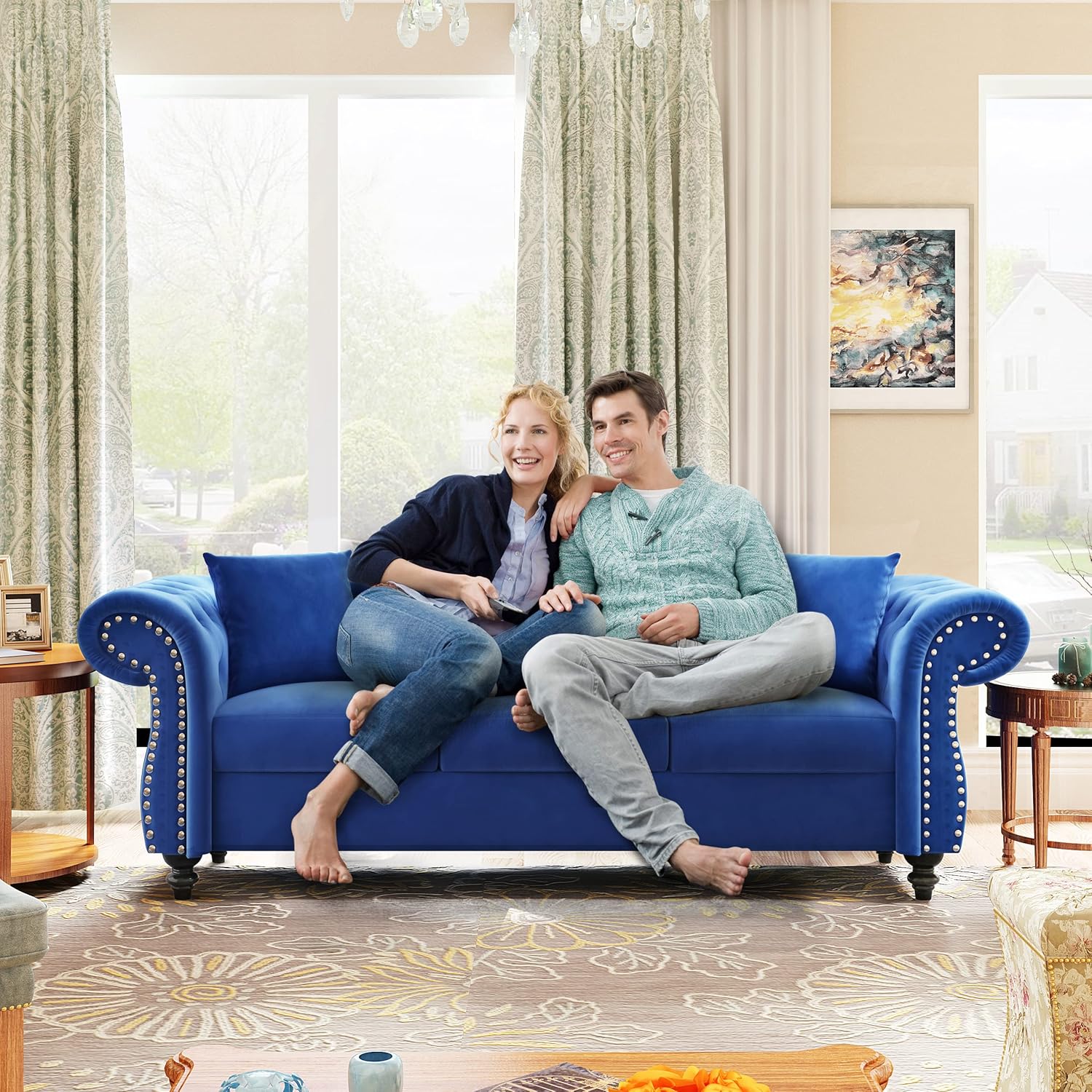 Amazon.com: Sofa 80 Inch Sofa Tufted Velvet Upholstered 3 Seat Sofa ...