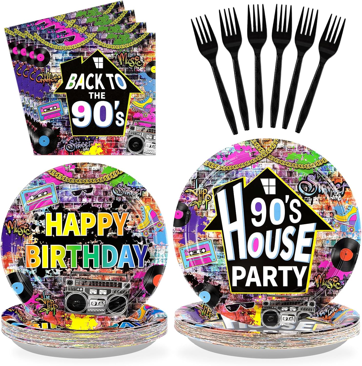 Amazon.com: 96 Pcs 90's House Party Supplies Disposable 90s Party Paper ...