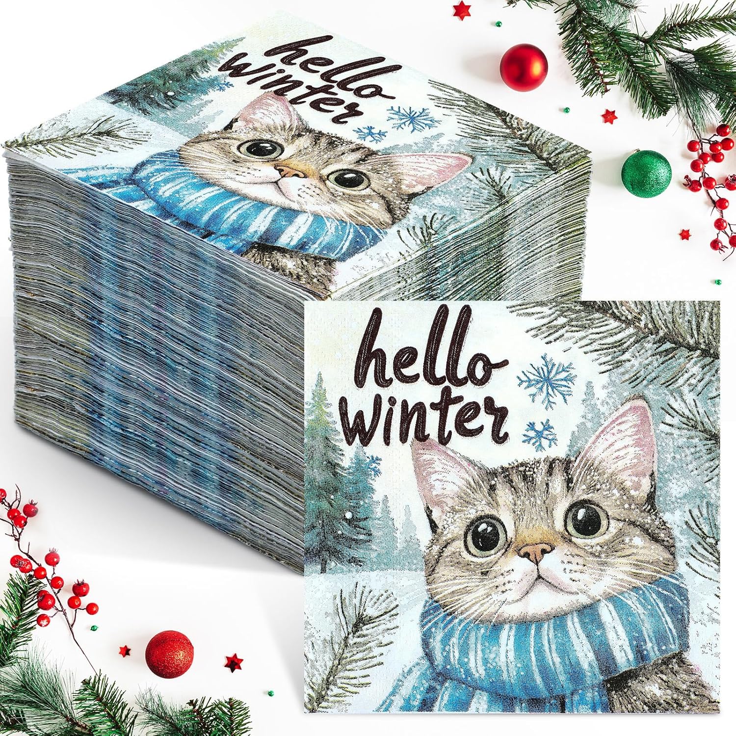 Amazon.com: Watersay 100 Pcs Winter Cat Napkins Hello Winter Paper ...