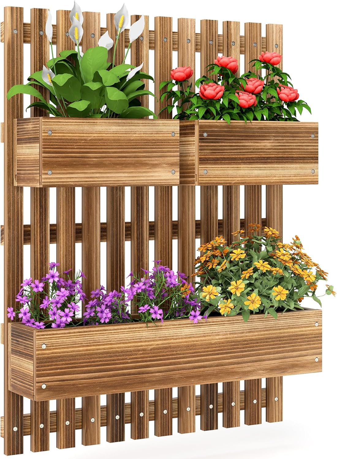 Outsunny Wall-mounted Wooden Garden Planters with Trellis, Drainage ...