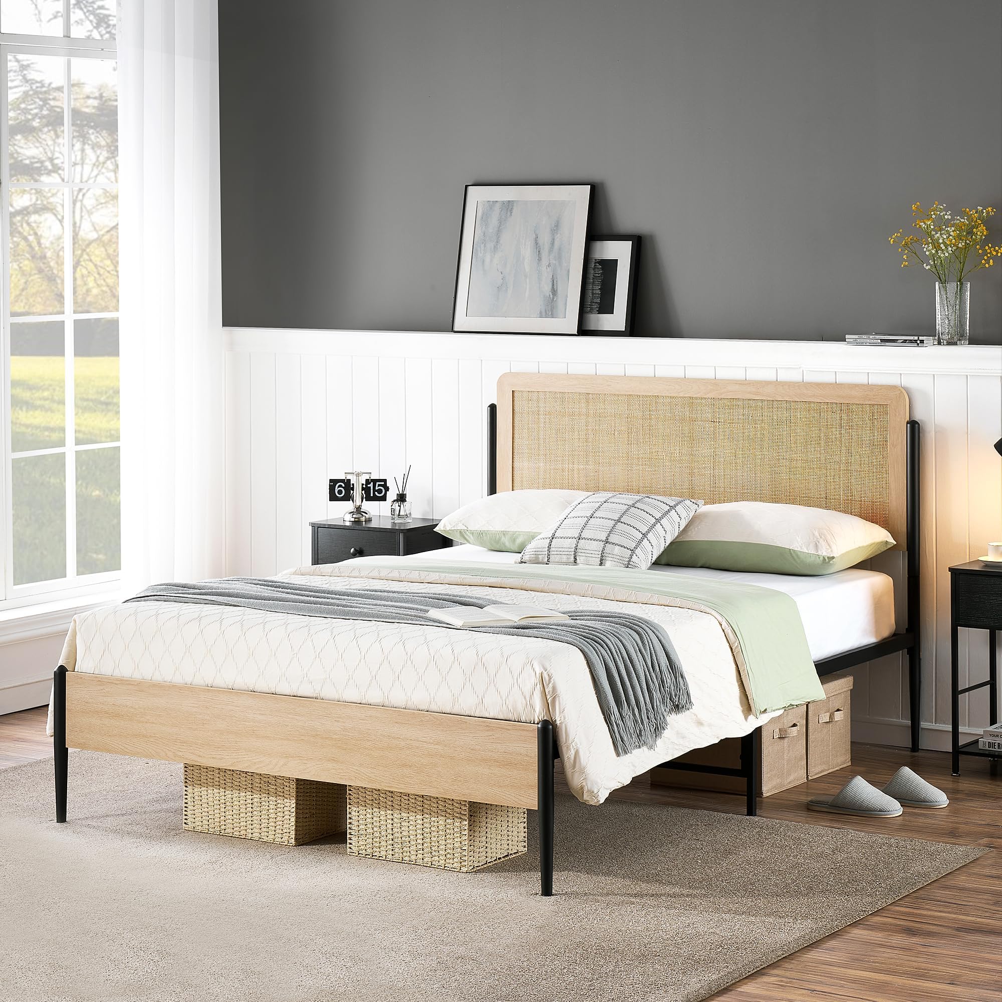 Amazon.com: IDEALHOUSE Full Size Bed Frame with Rattan Headboard ...