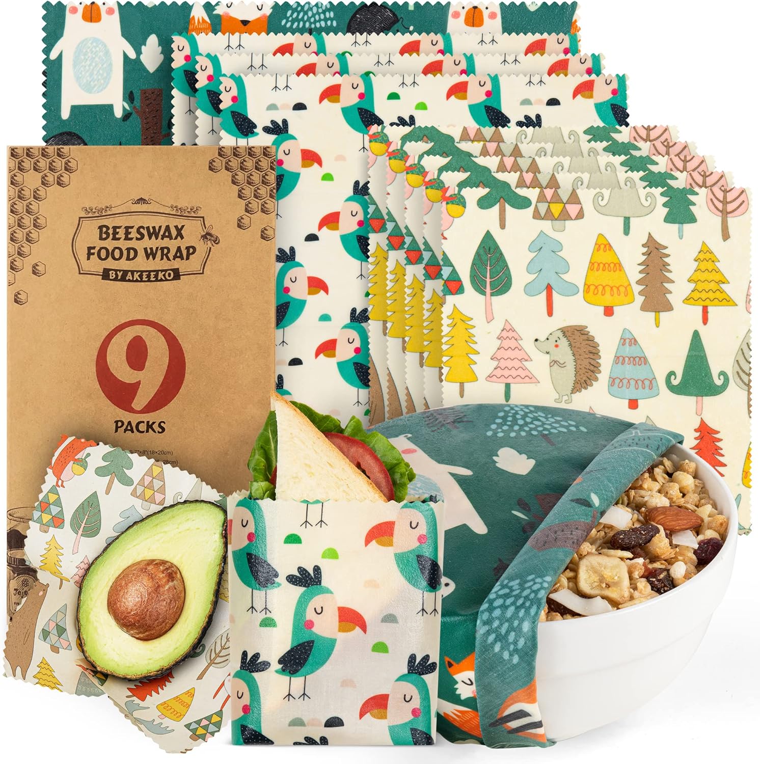 Amazon.com: Akeeko Reusable Beeswax Food Wraps - Assorted 9 Packs, Eco ...