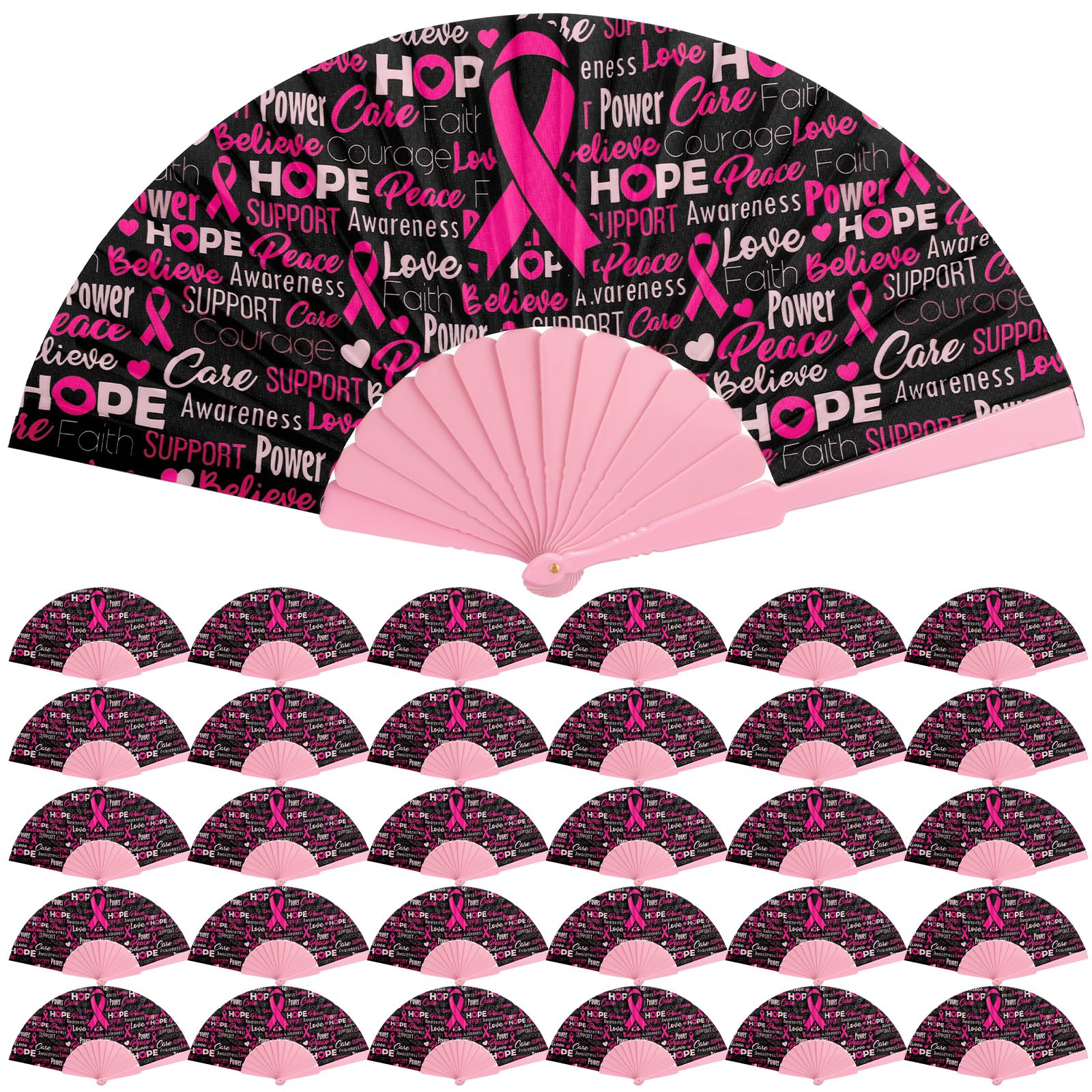 Amazon.com: Kigley 48 Pcs Pink Ribbon Fans Breast Cancer Folding Fans ...