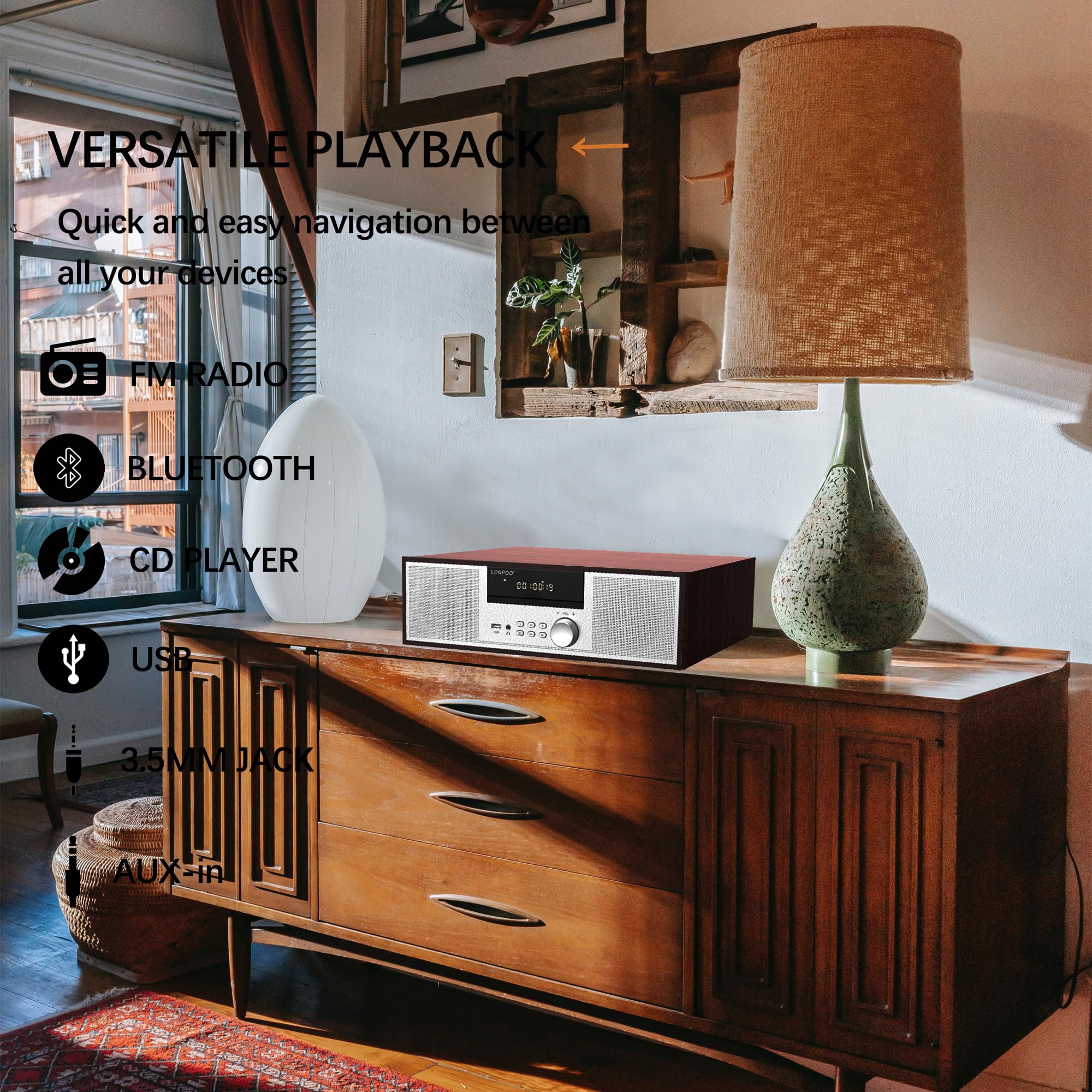 Snapklik.com : Stereo Shelf System For Home,LONPOO Vintage CD Player ...