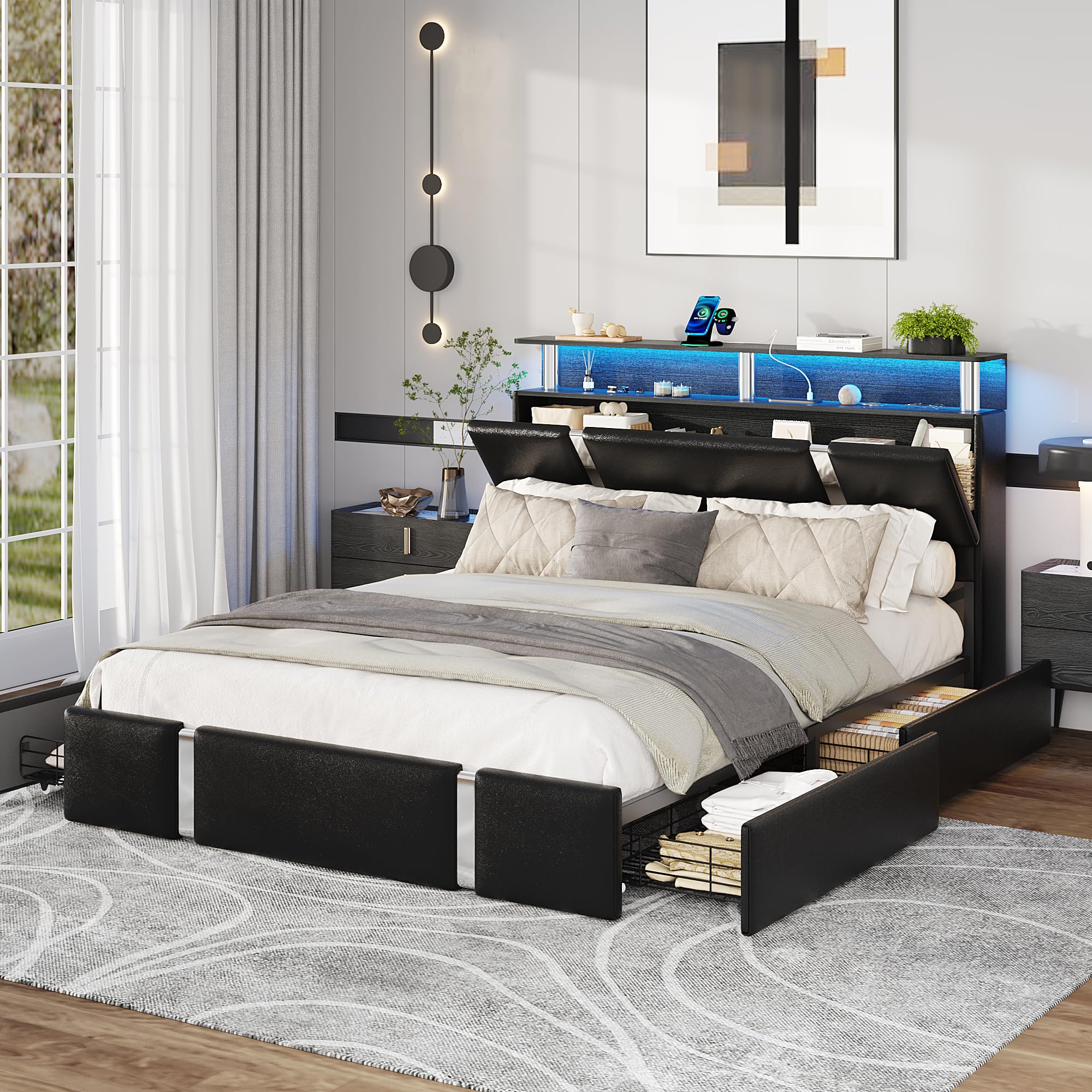 Amazon.com: Maupvit Full Bed Frame with 4 Drawers, Full Size Bed Frame with Storage Headboard ...