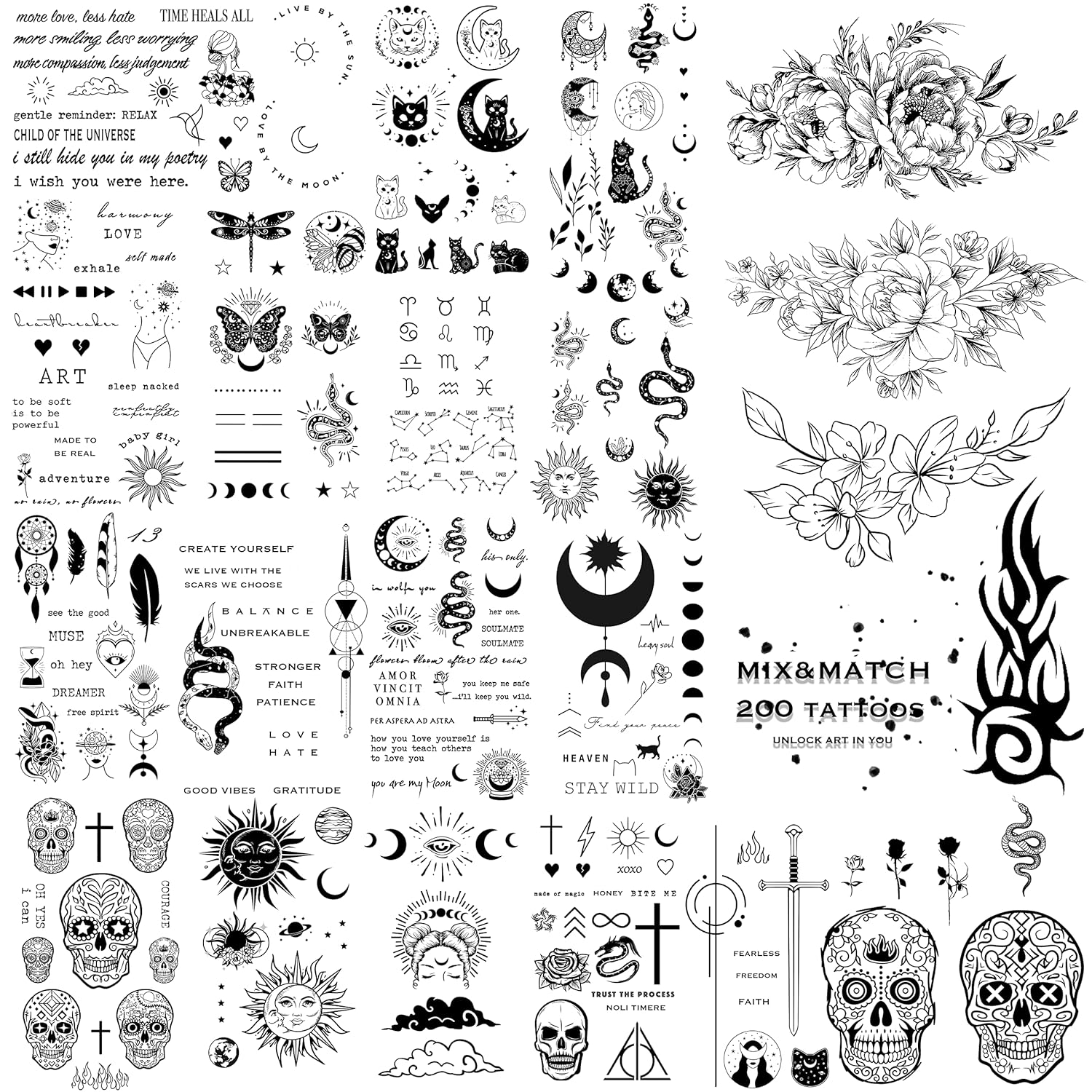 Amazon.com : Realistic Temporary Tattoos - 200 Mix & Match Minimalistic ...