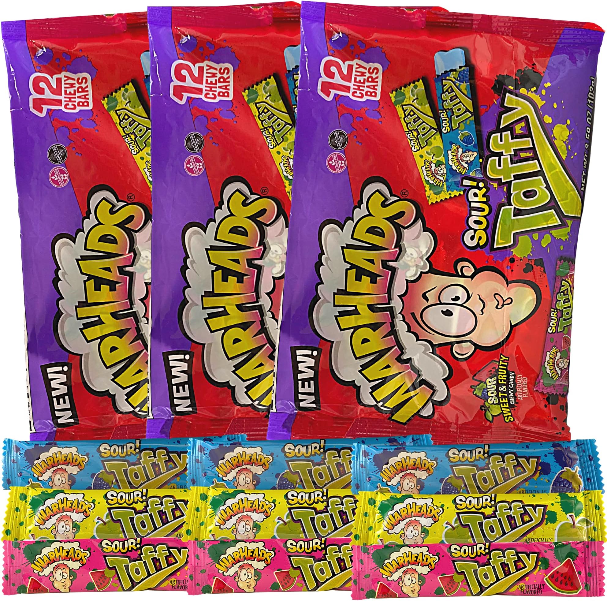 Amazon.com : Warheads Sour Taffy Chewy Candies 3.59oz, Individually ...