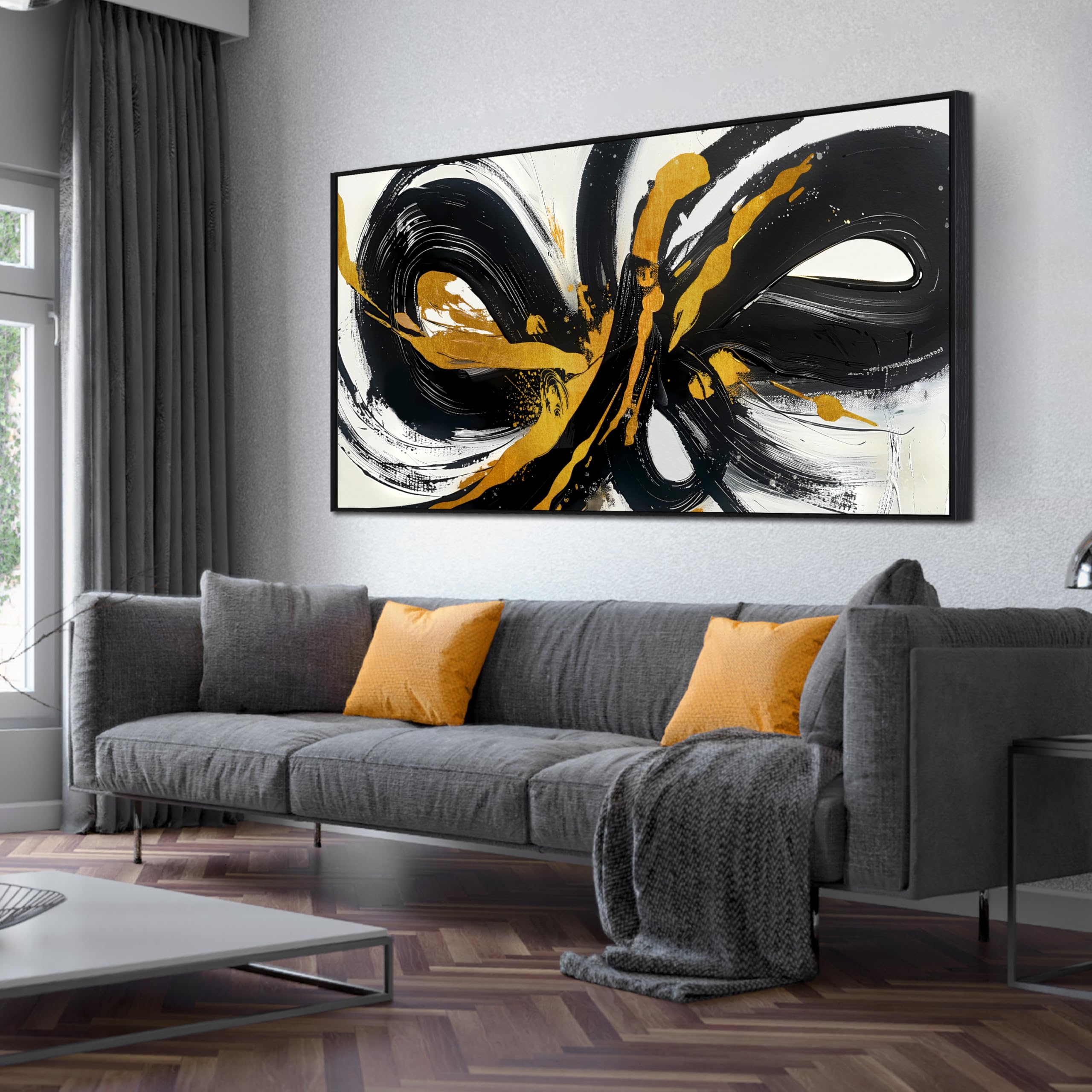 Amazon.com: Abstract Wall Art for Living Room, Black White and Gold ...