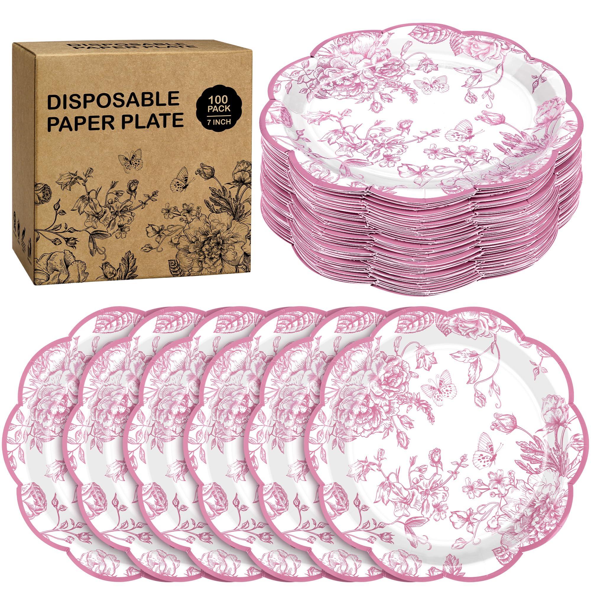Amazon.com: Kochorie 100 Pieces Pink Flower Paper Plates 7 Inches ...