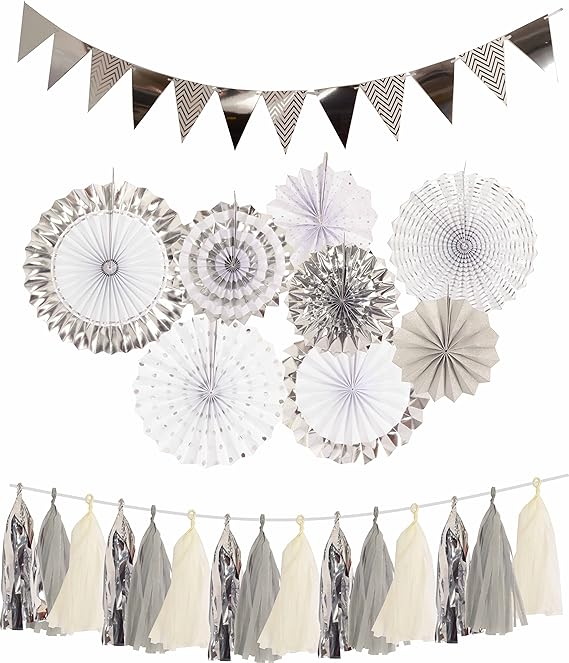 Amazon.com: Silver Engagement Decorations, Silver Paper Fans ...