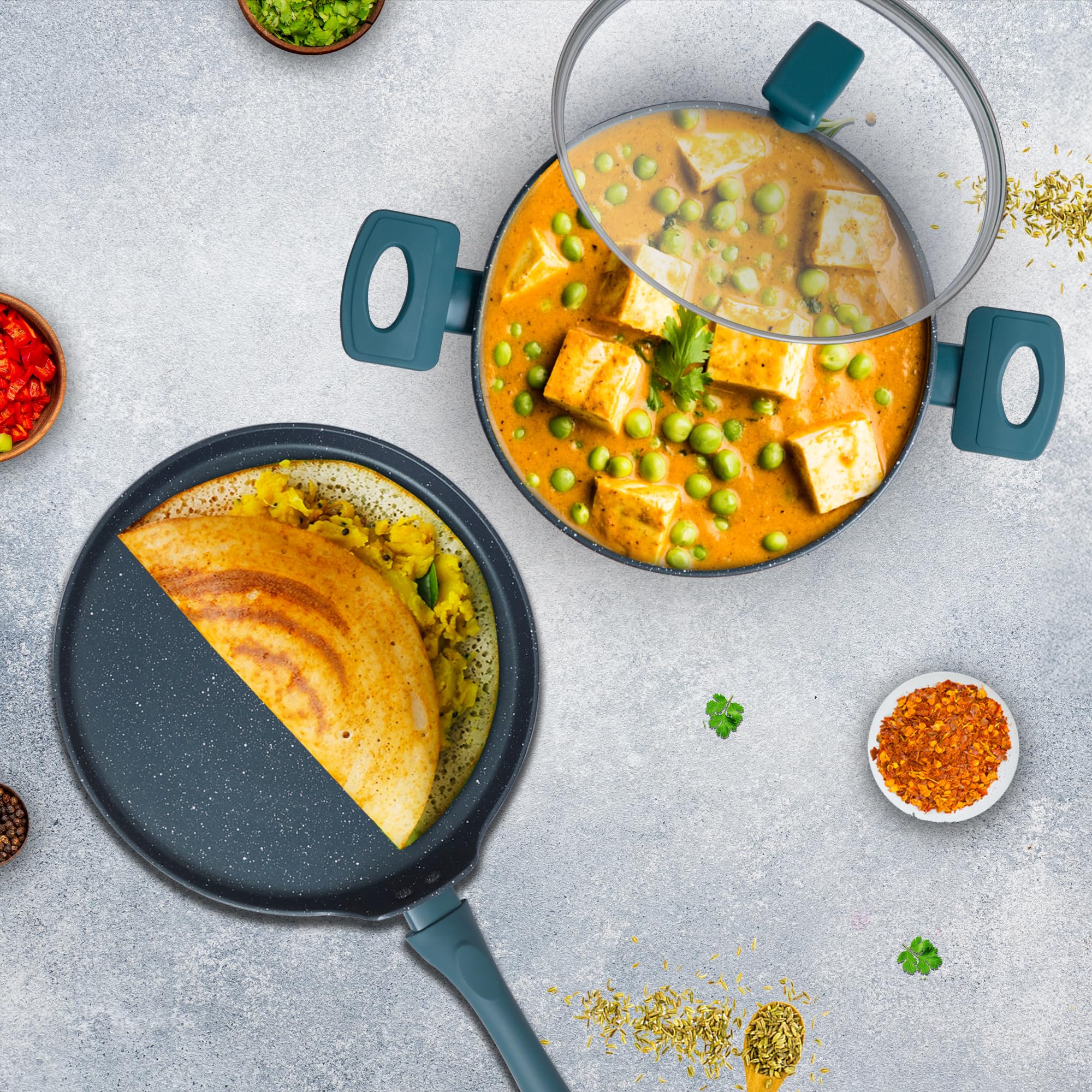 Buy SOLARA Non Stick Granite Cookware Set, Tawa 28cm + Kadai 24cm with ...