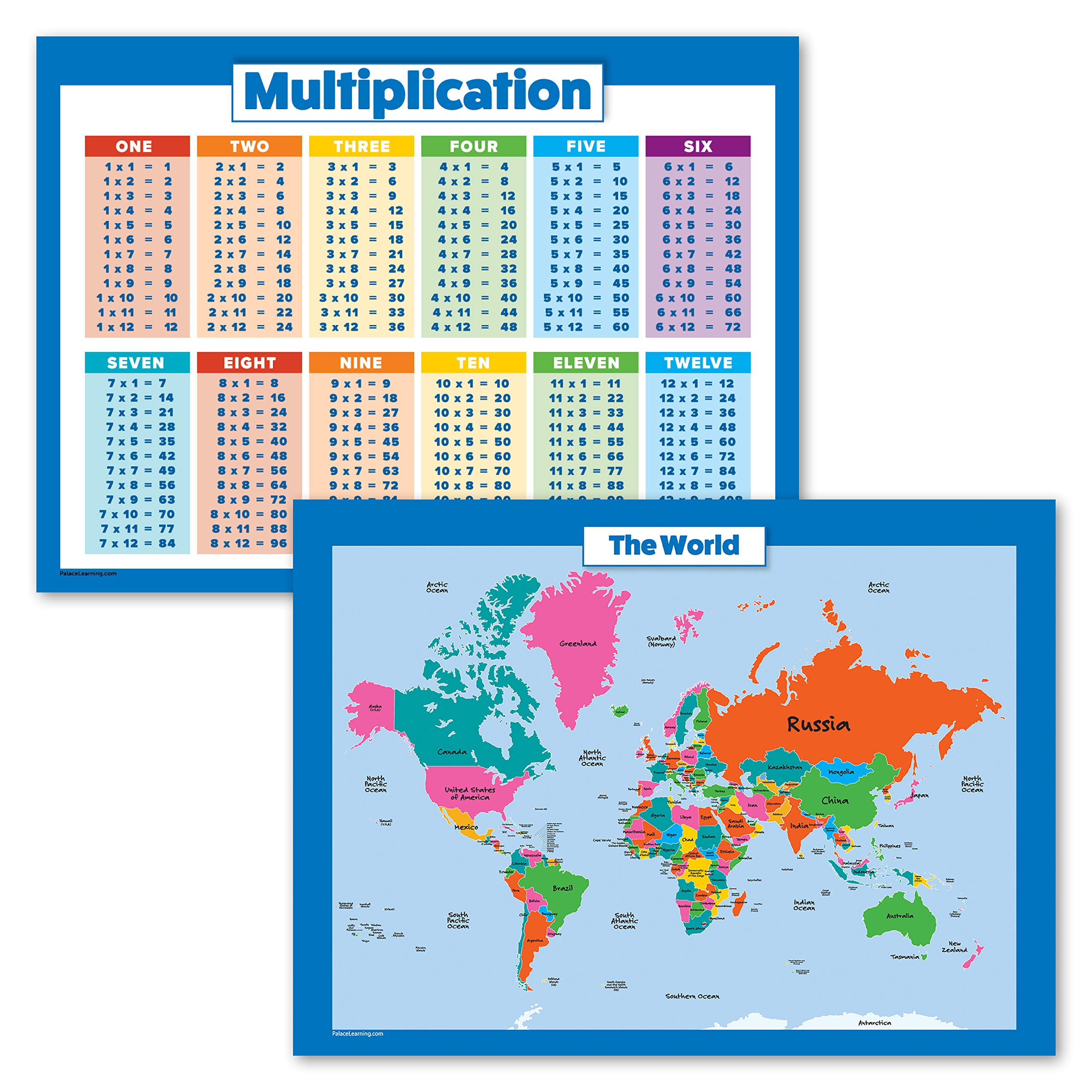 2 Pack Multiplication Tables And World Map For Kids Poster | Desertcart ...