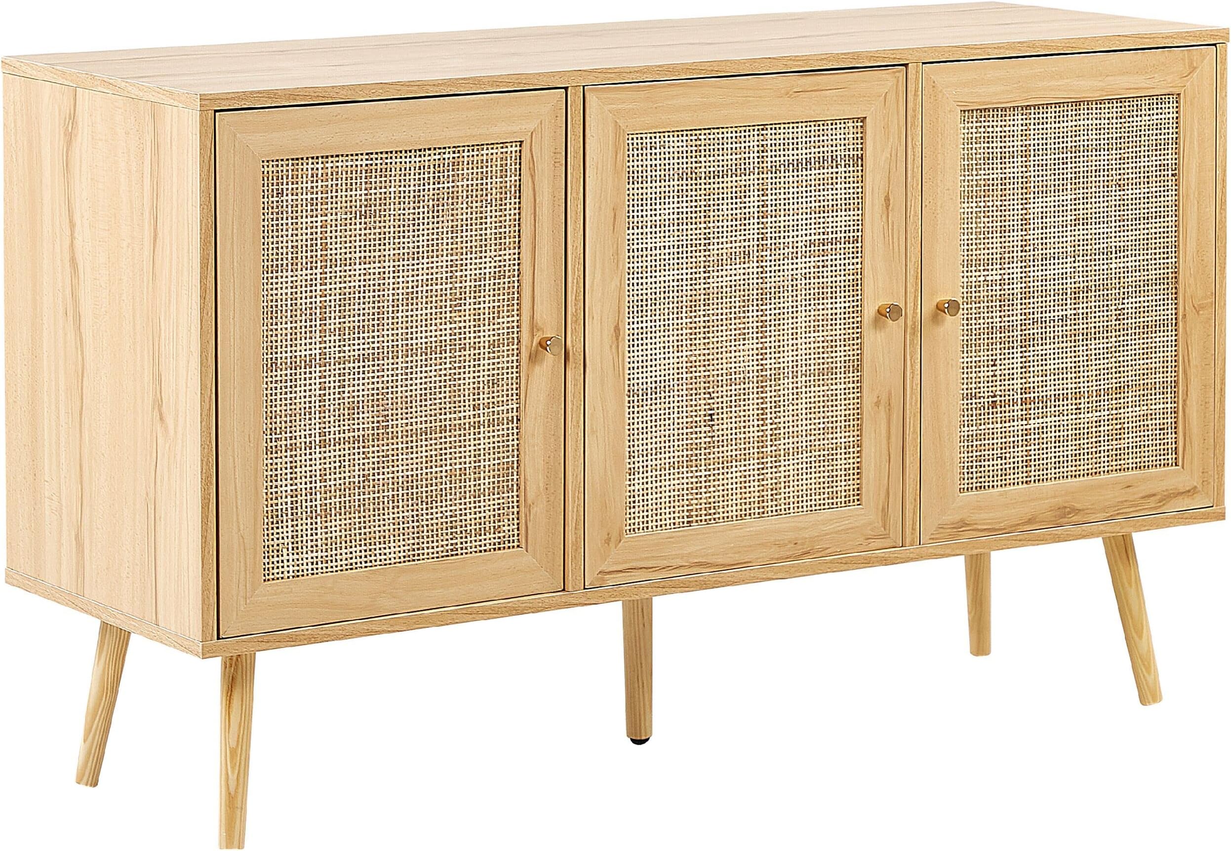 Beliani 3 Door Rattan Fronts Sideboard Boho Style Cabinet Light Wood ...