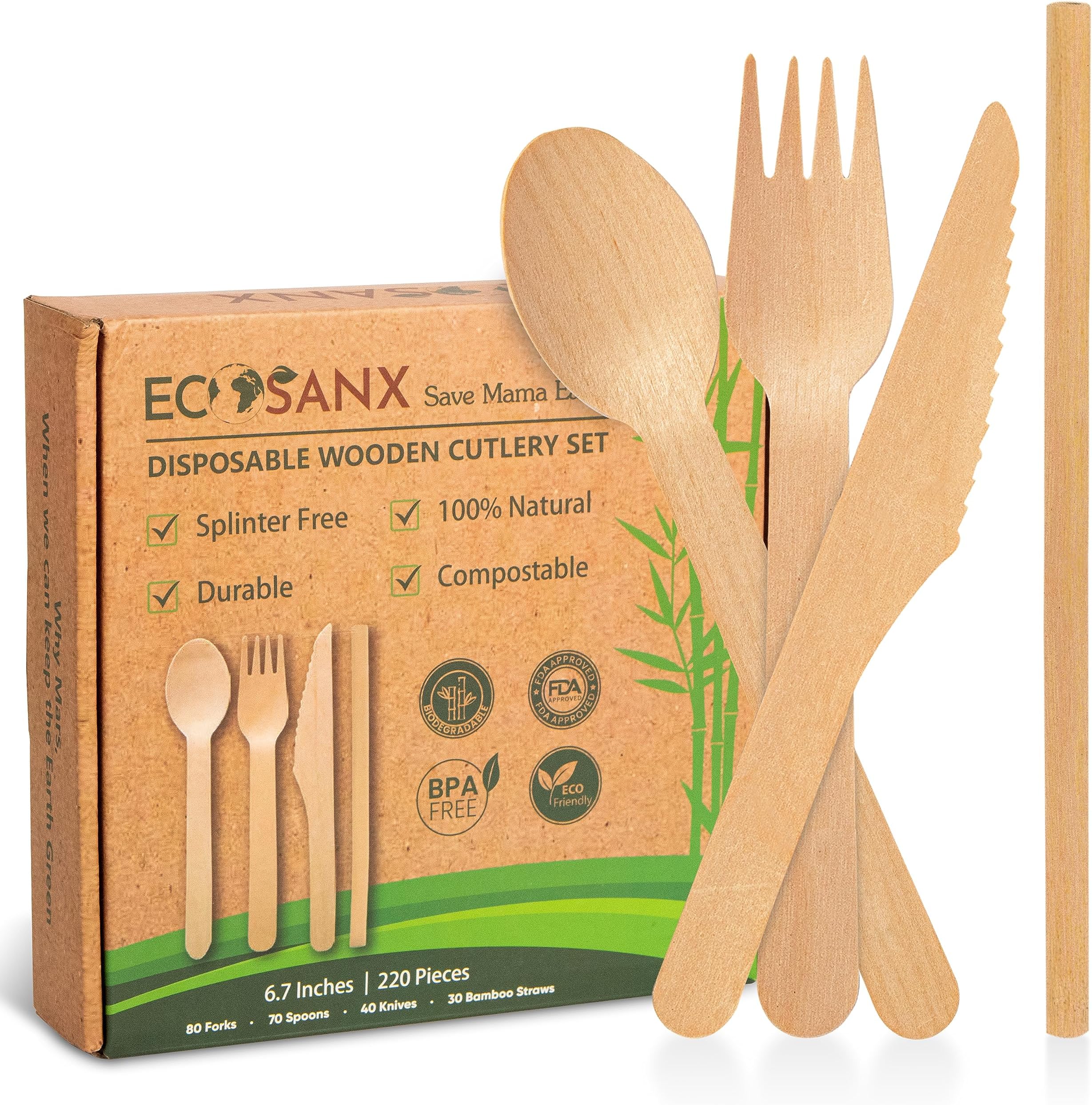 Amazon.com: Disposable Wooden Cutlery Set - 100% Home Compostable - 96 ...