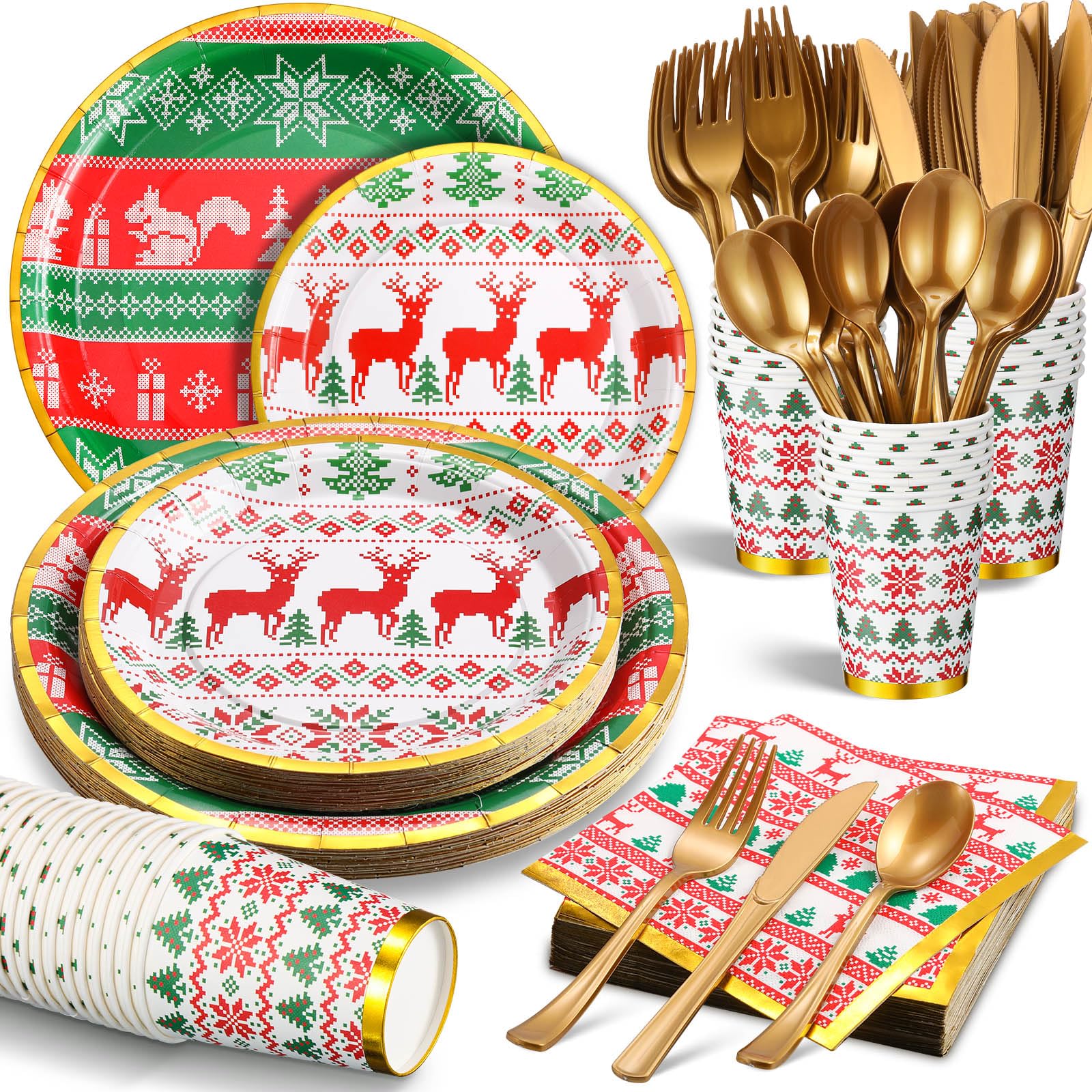 Amazon.com: Umigy 200 Pcs Christmas Dinnerware Set Disposable Christmas ...