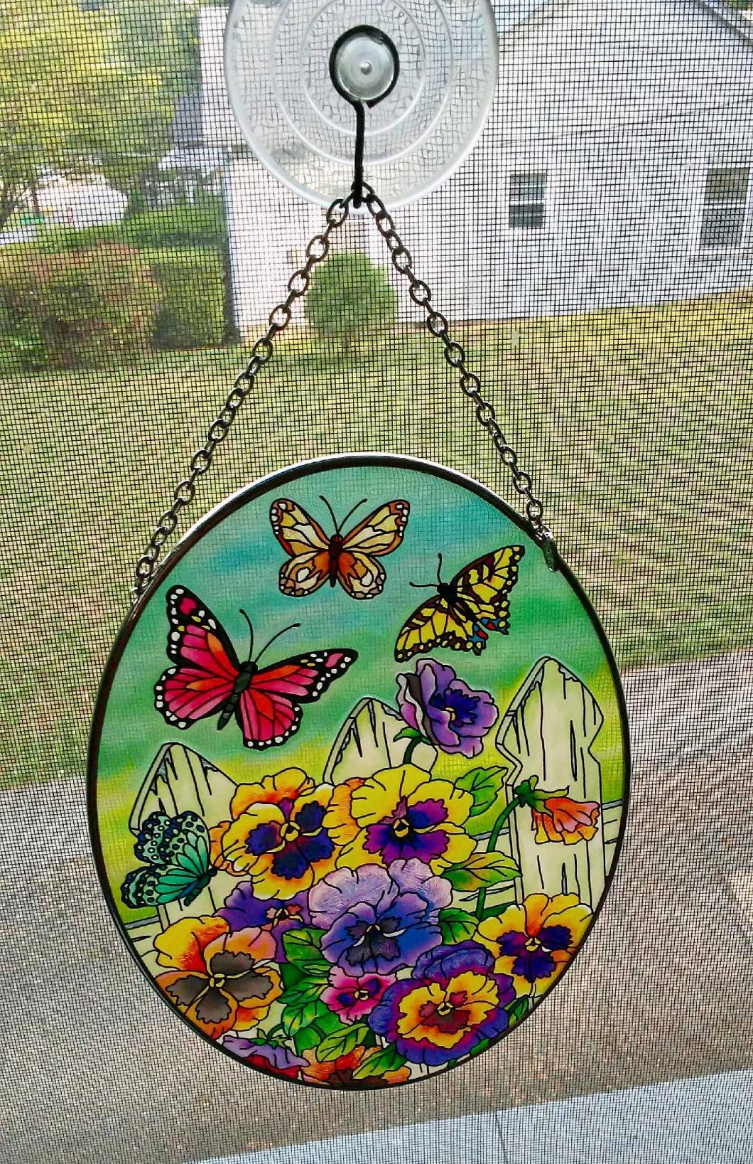 Amazon.com: Amia Oval Suncatcher with Butterfly and Pansy Floral Design ...