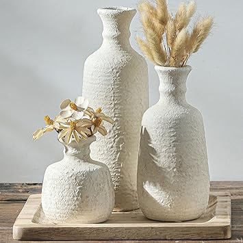 Amazon.com: Ceramic Vase Set of 3, Neutral Rustic Vases Home Decor ...
