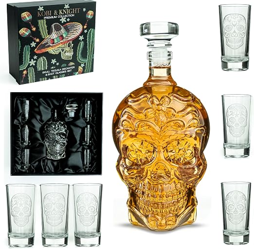 Kobi & Knight - Juego de decantador de tequila de calavera de vidrio ...