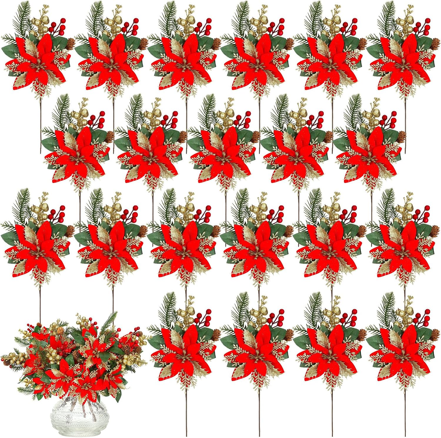 Amazon.com: Yuxung 24 Pcs 11.8'' Red Poinsettias Artificial Christmas ...