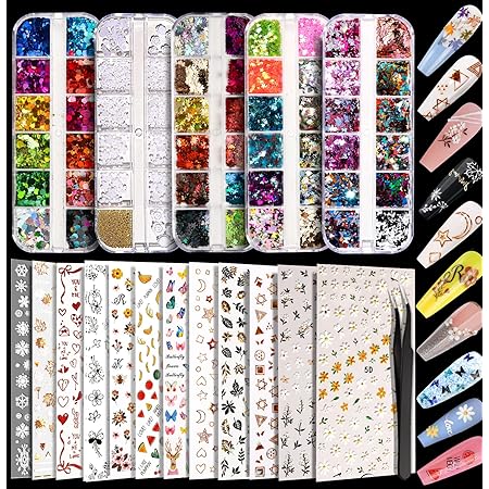 Amazon.com: Teenitor 12 Sheets Nail Art Sticker Self-Adhesive, Flower ...