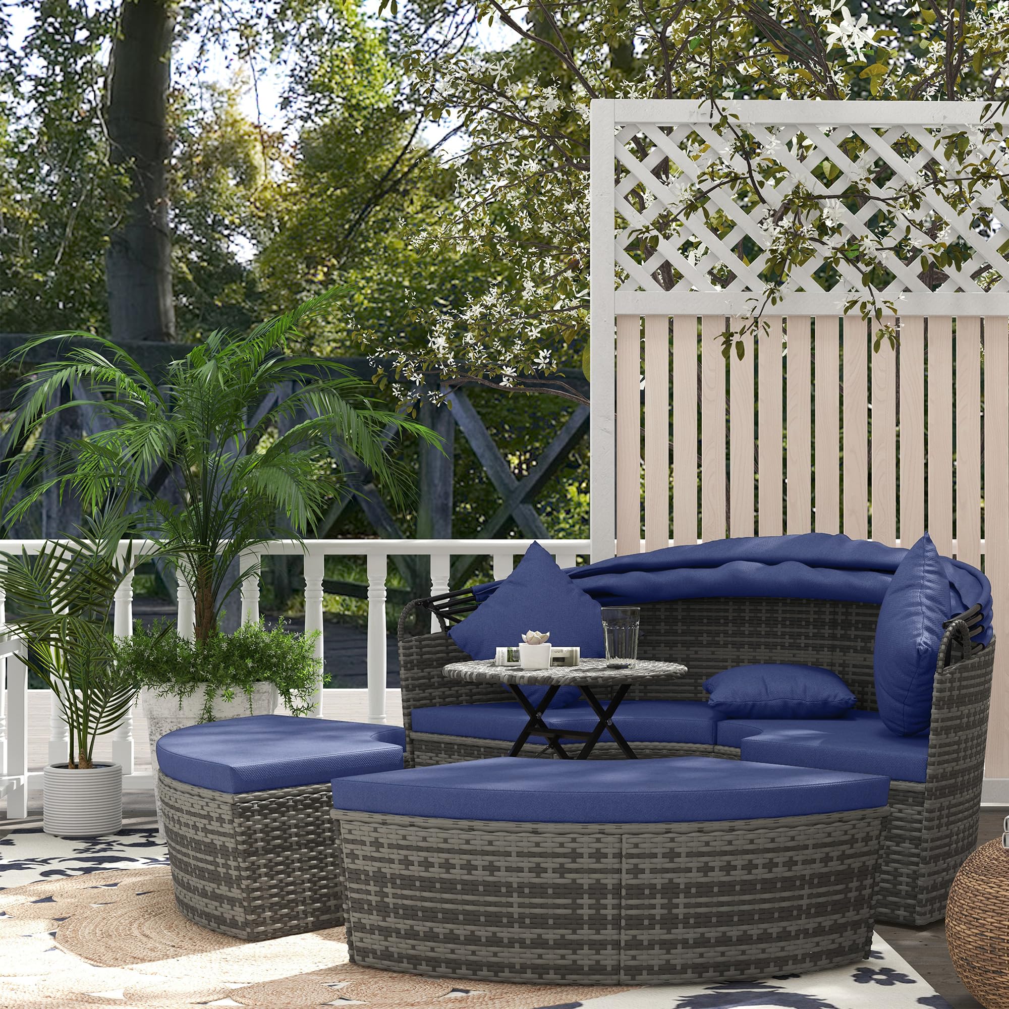 Outsunny 4 Piece Round Rattan Daybed, Convertible Patio Furniture Set ...