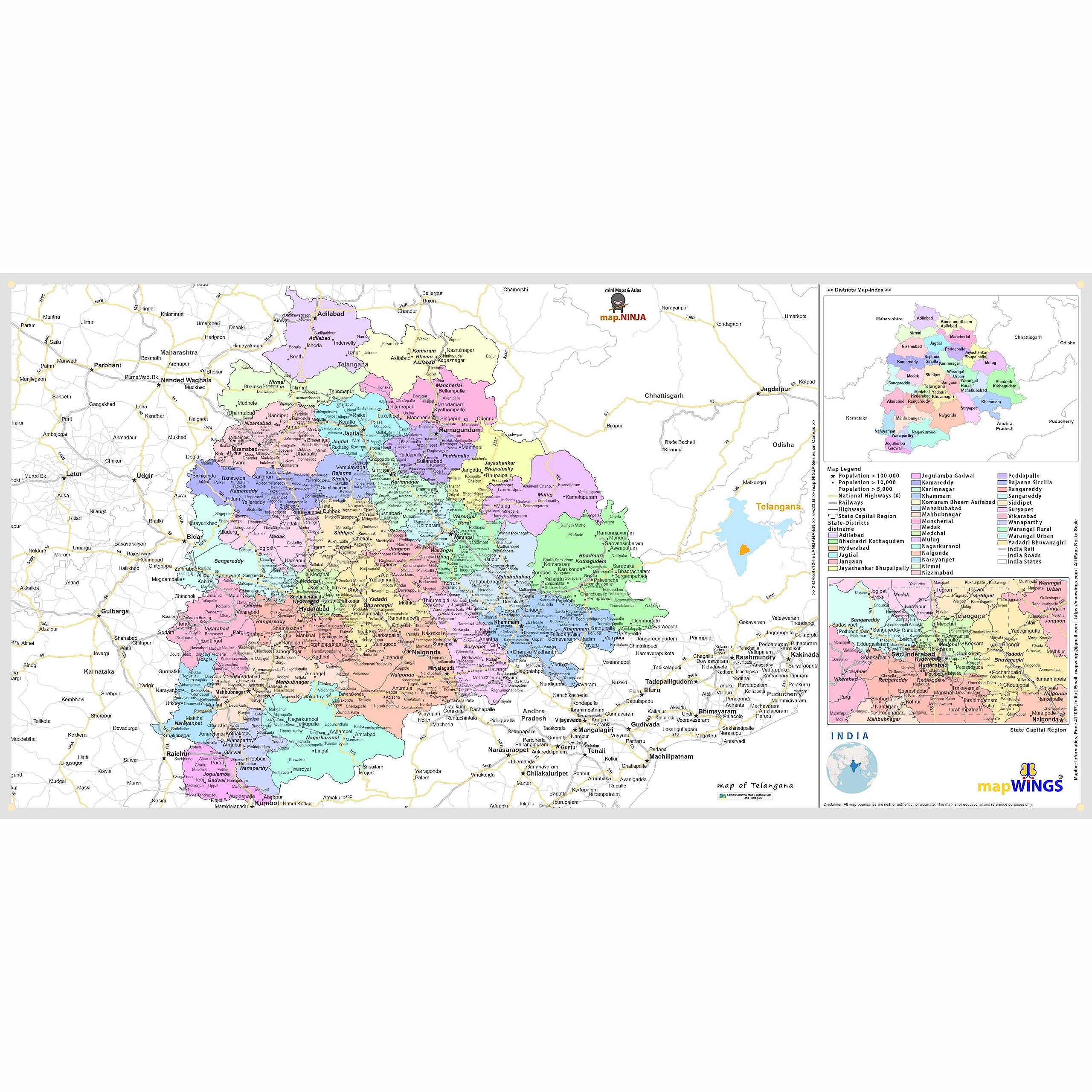 Buy States, Districts, Towns & Highway Map of TELANGANA | Size 2 ft. X ...