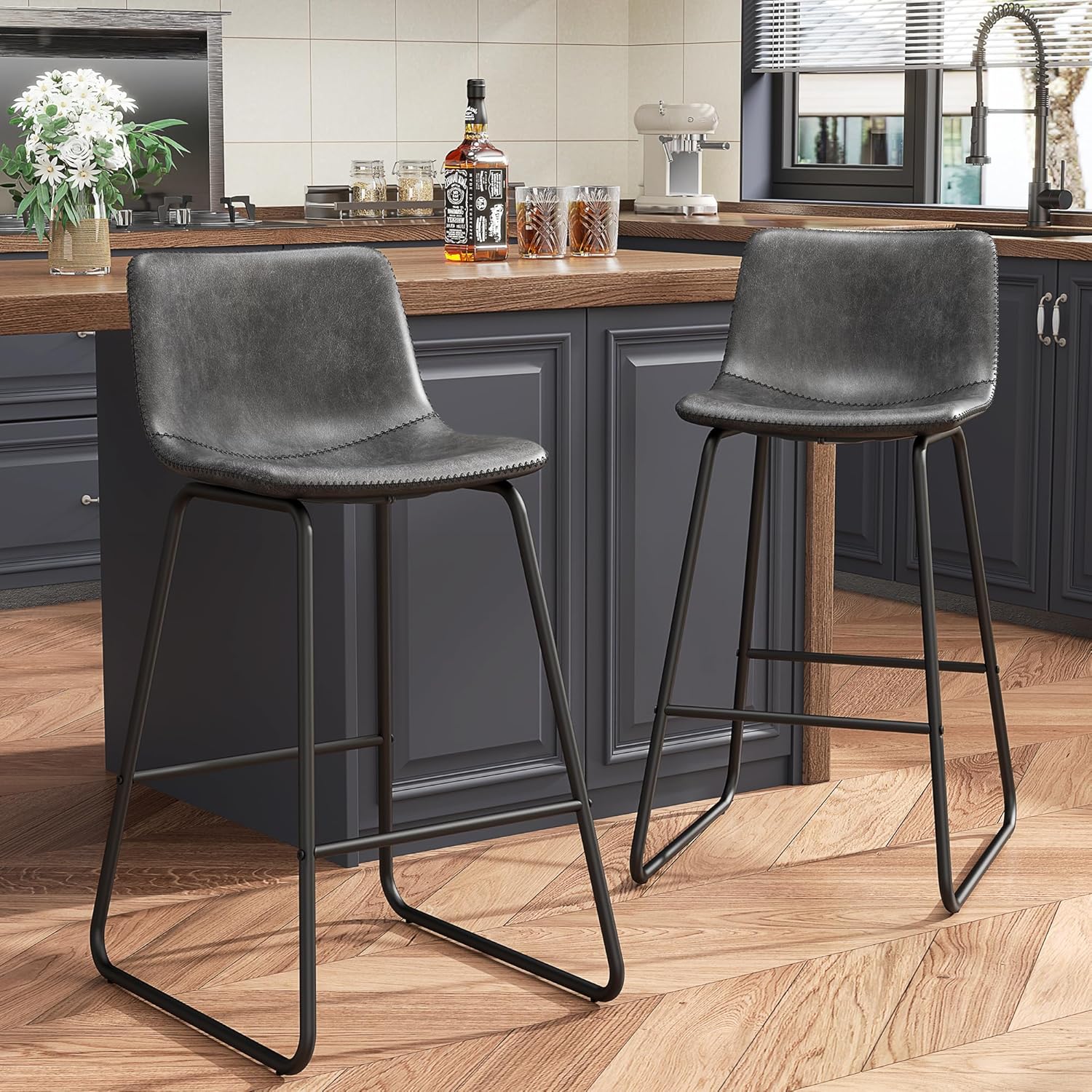Amazon.com: REONEY Bar Stools Set of 2, Faux Leather Counter Height ...