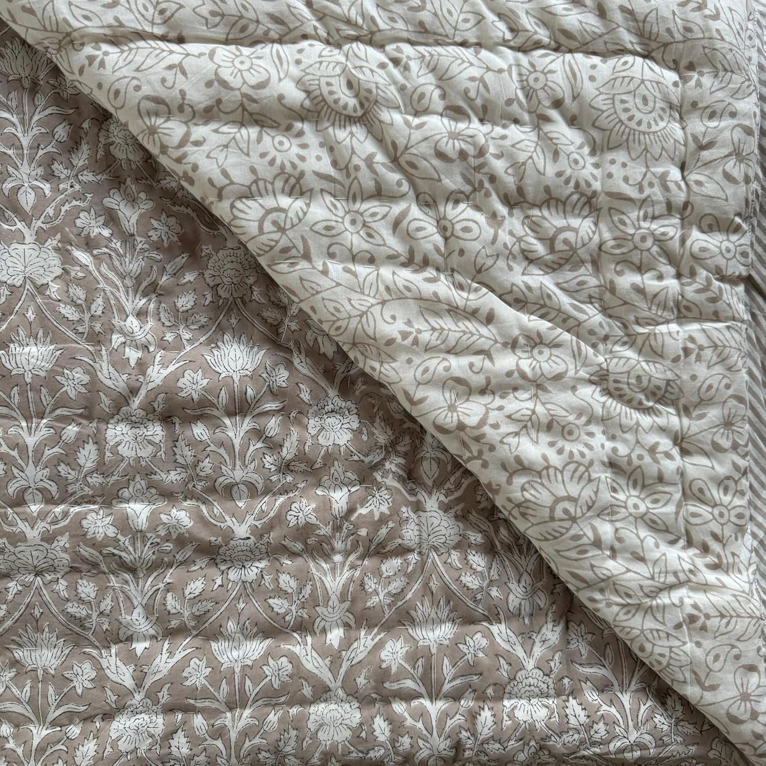 Amazon.com: Ridhi Block Print Quilted Taupe Color Reversible Throw ...