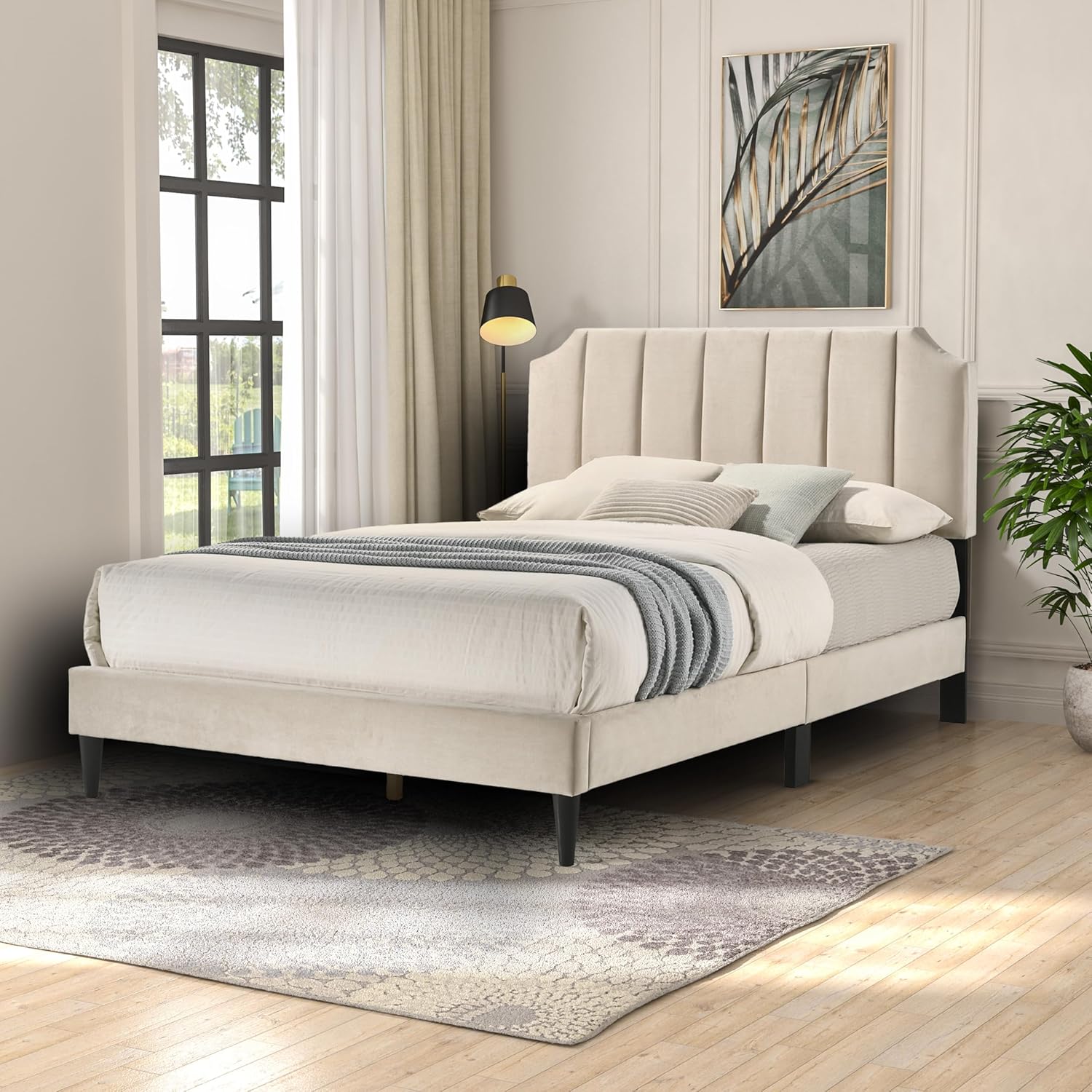 Galano Conwy Upholstered Double Bed Frame with Headboard – Beige Fabric ...