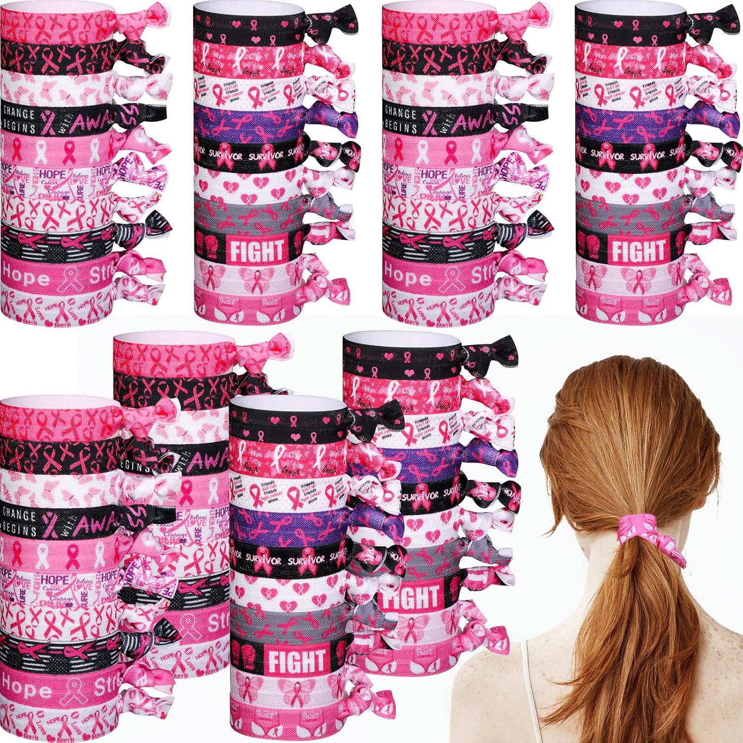Amazon.com : Yunlly 80 Pieces Breast Cancer Awareness Hair Ties Pink ...