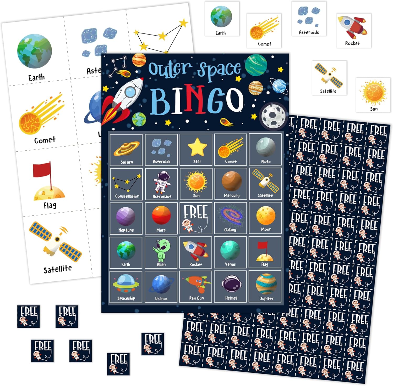 Amazon.com: Outer Space Bingo Games Cards, Solar System Bingo Game Set ...