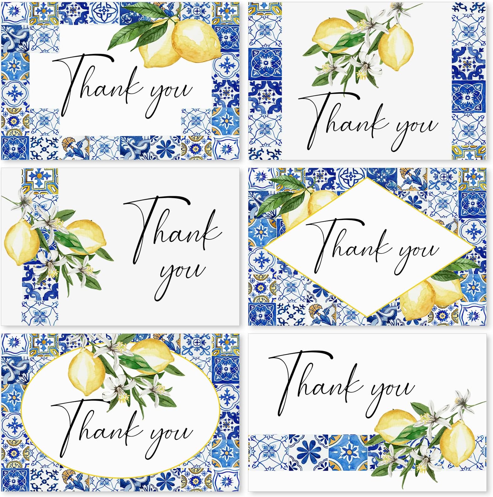 Amazon.com : Whaline Lemon Thank You Cards Bulk 24 Pack Blue Tiles ...