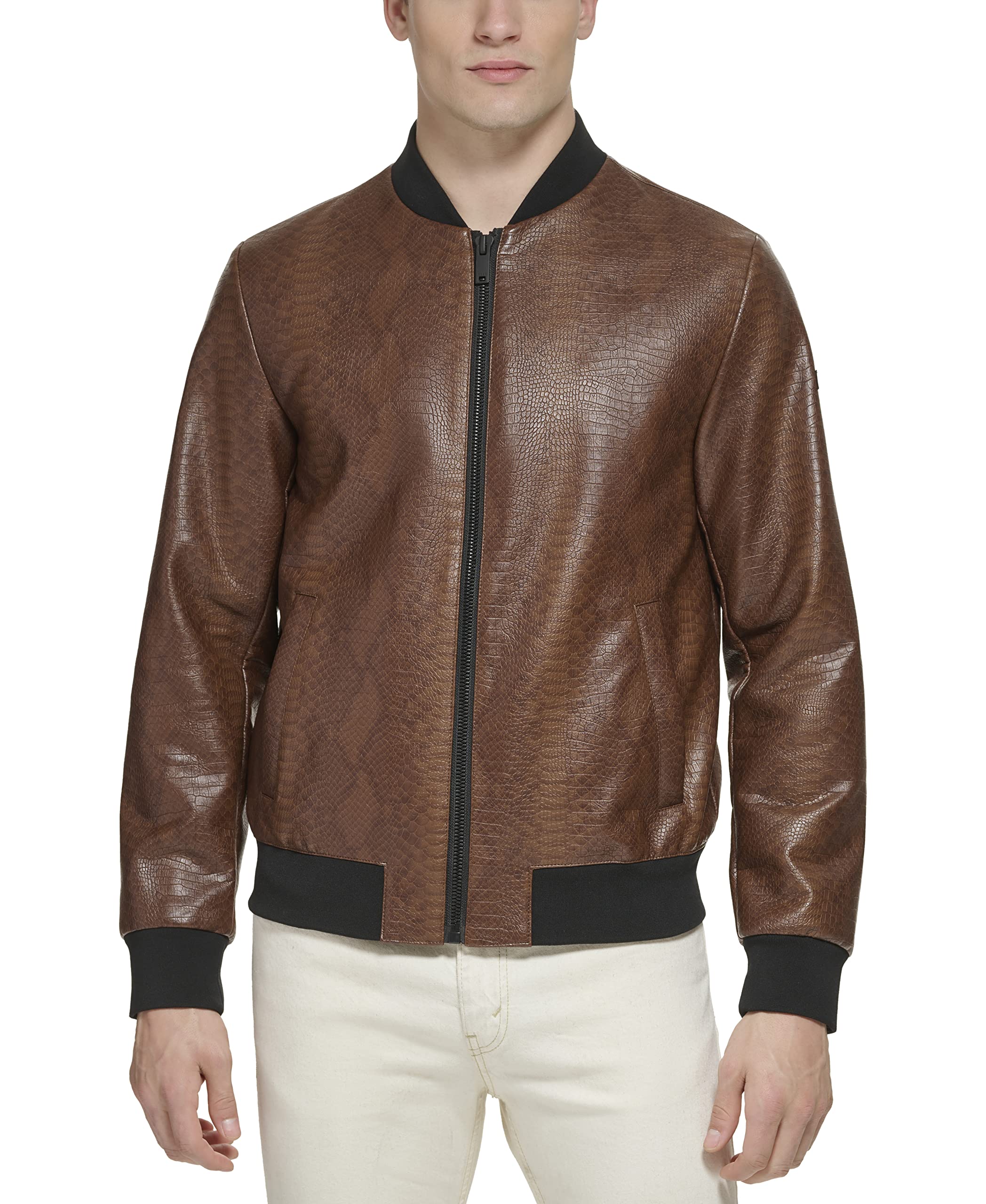 DKNY Men's Faux Leather Varsity Bomber Jacket at Amazon Men’s Clothing ...