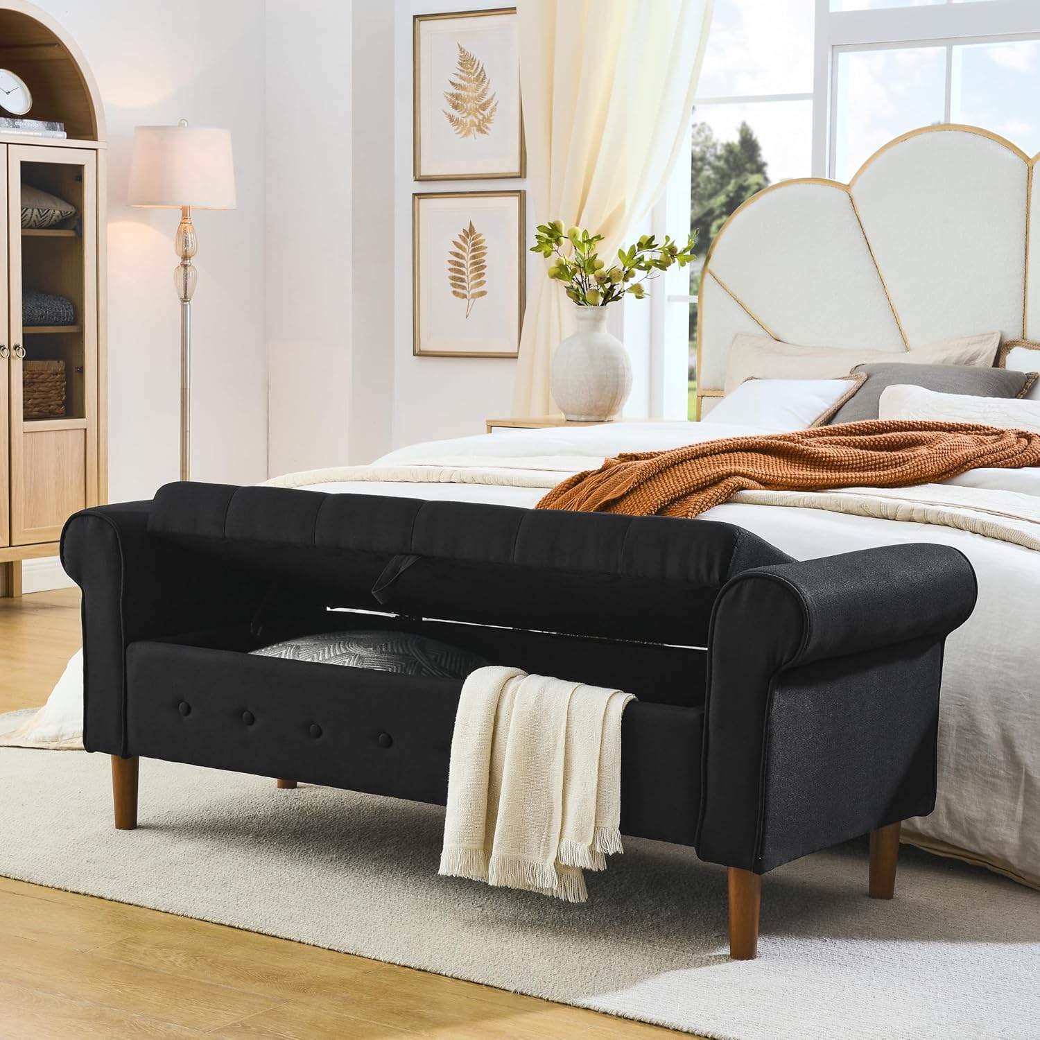 Amazon.com: HANLIVES 62" Tufted Button Linen Fabric Bench with Storage ...