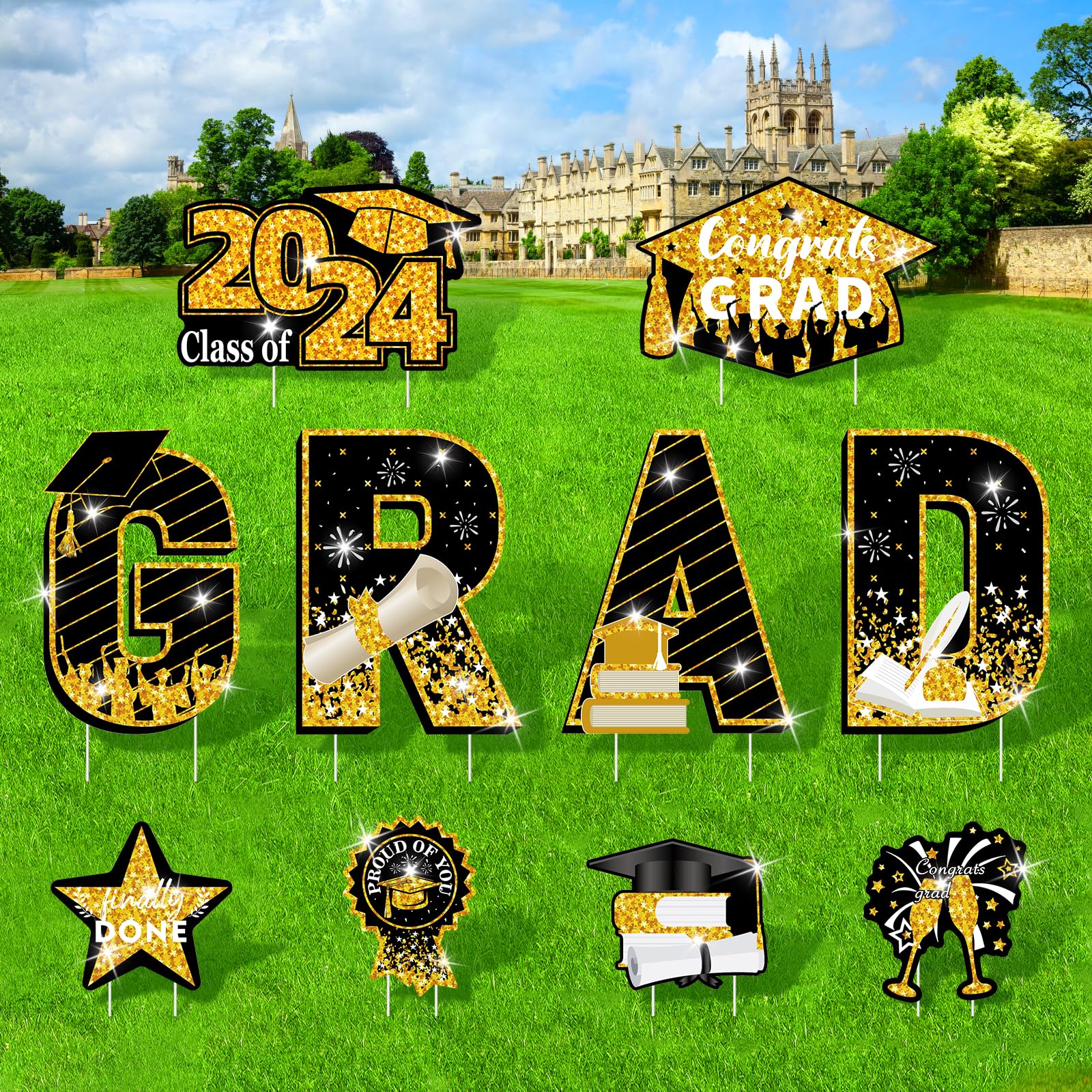 Amazon.com : 2024 Graduation Yard Sign Decorations Black Gold Congrats ...