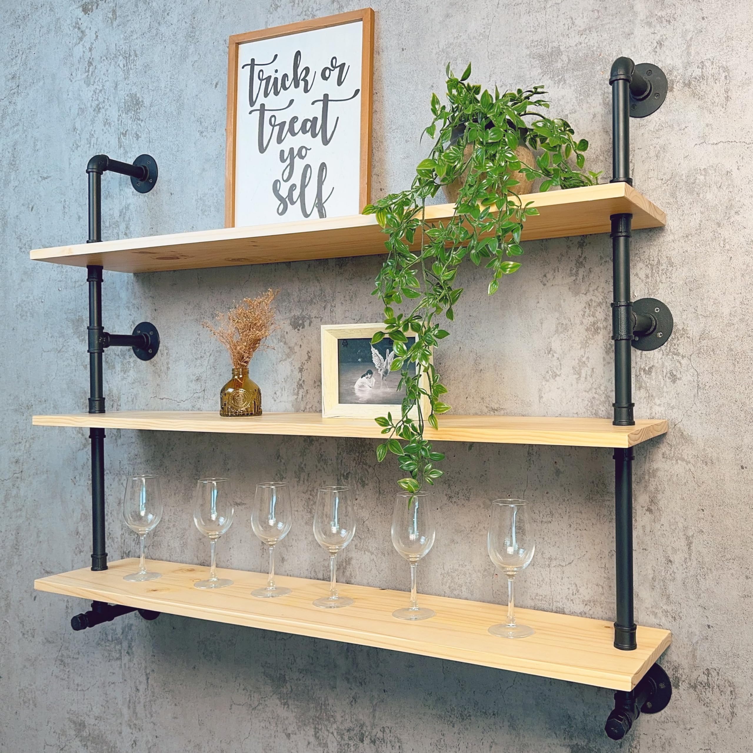 Amazon.com: Industrial Pipe Wall Shelves Pipe Shelving with Real Wood ...