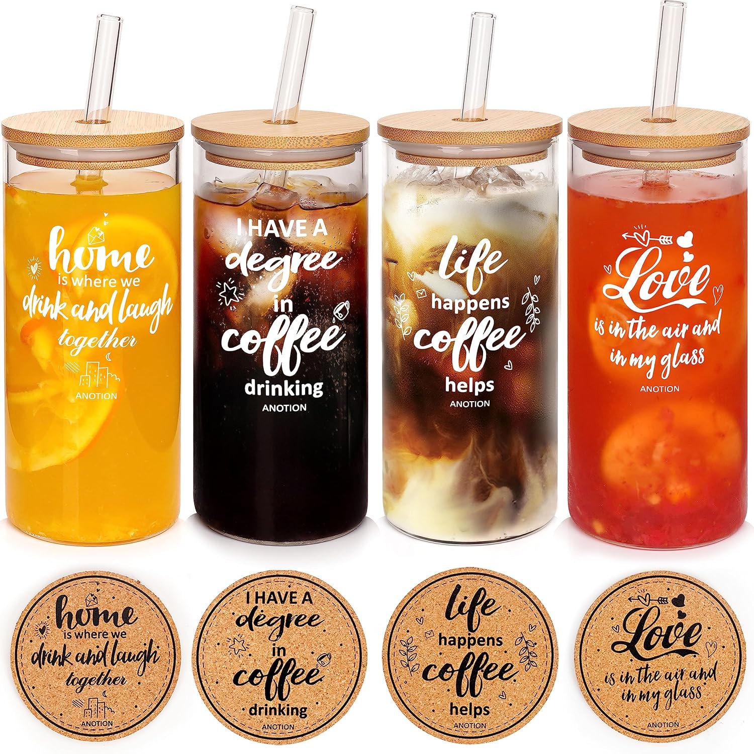 Amazon.com: ANOTION Coffee Cups with Lids and Straws 4 Packs, 24oz Ice ...