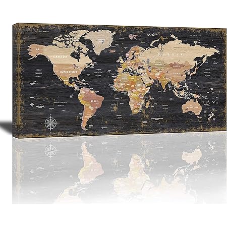 Amazon.com: World Map Wall Art Black Wood Grain Retro Map of The World ...
