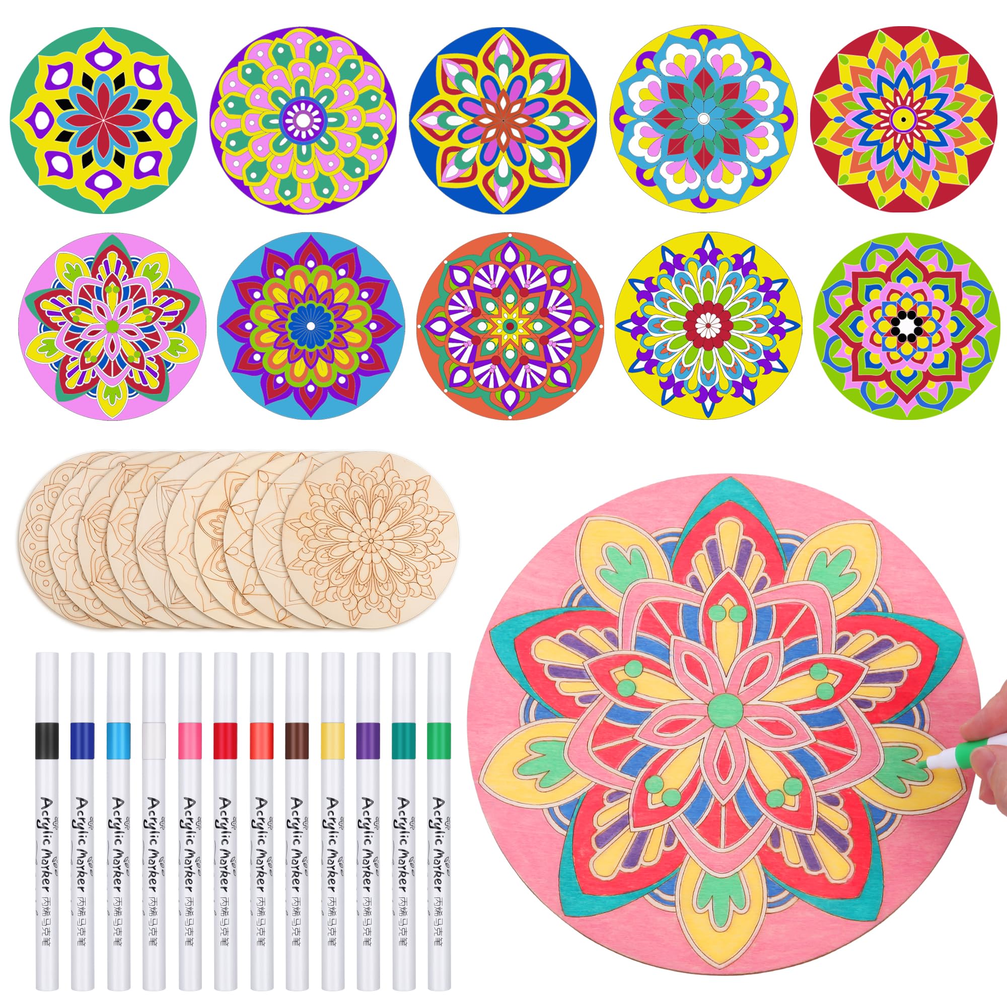 Amazon.com: Smmwoom 22 Pcs Wooden Mandala Painting Set 10 Mandala ...