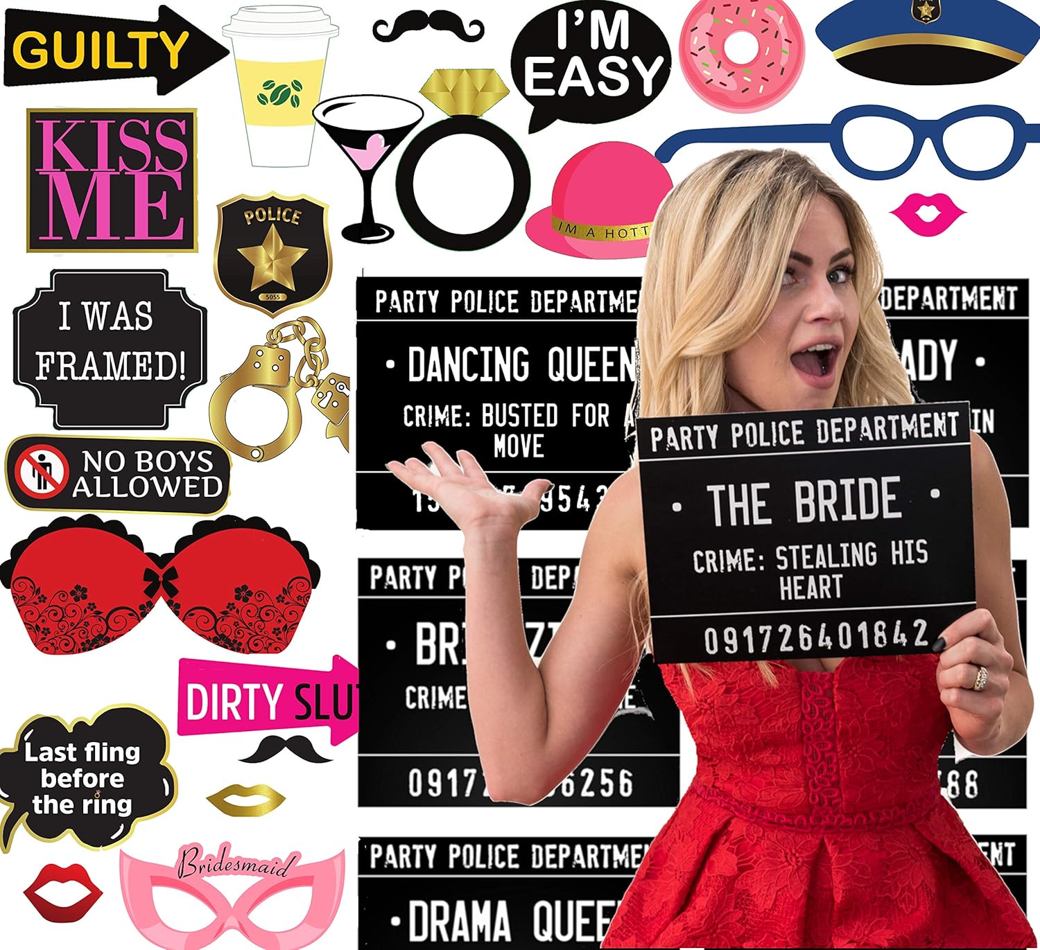 Amazon.com: 40 Bachelorette Mugshot Signs Plus 34 Photo Booth Props for ...