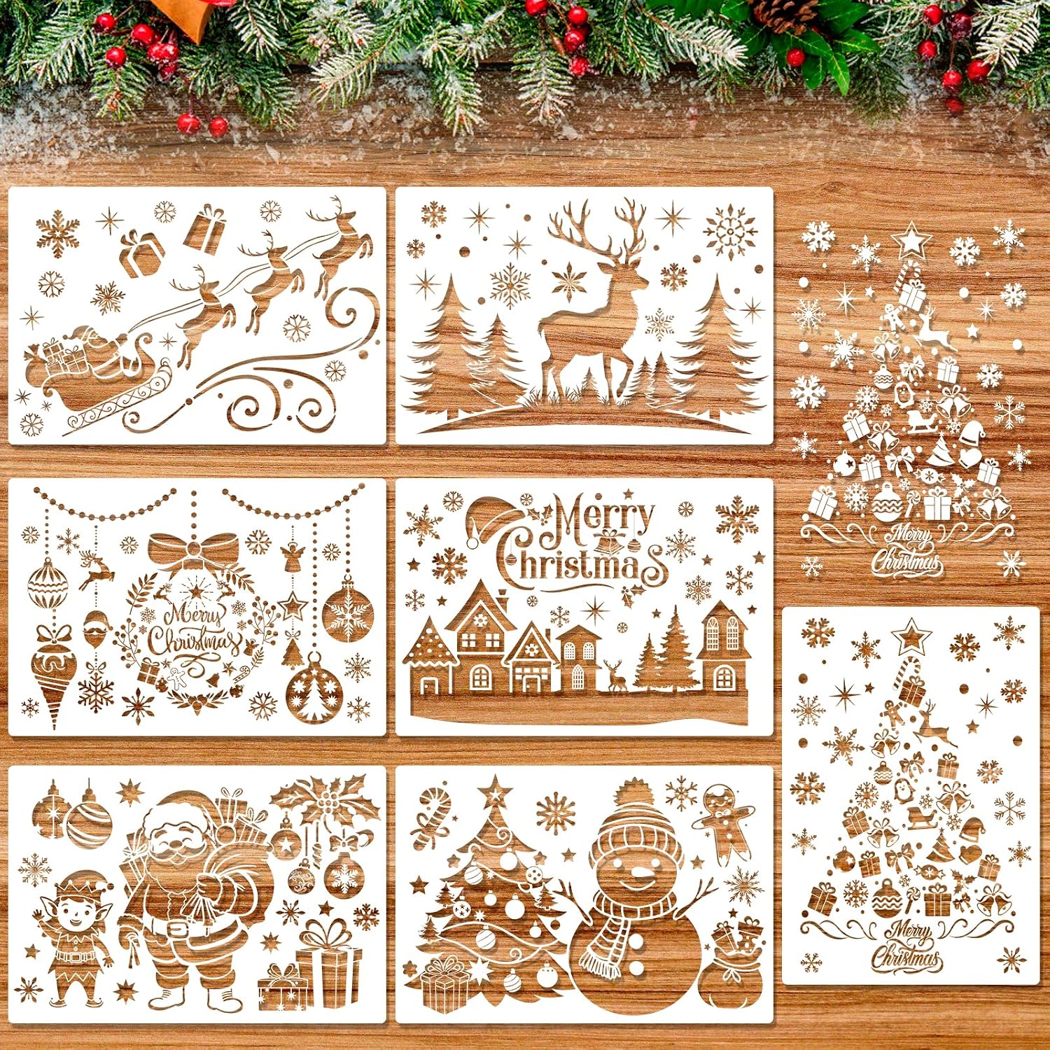 Amazon.com: HOWAF 7Pcs Large Christmas Window Stencils for Snow Spray ...